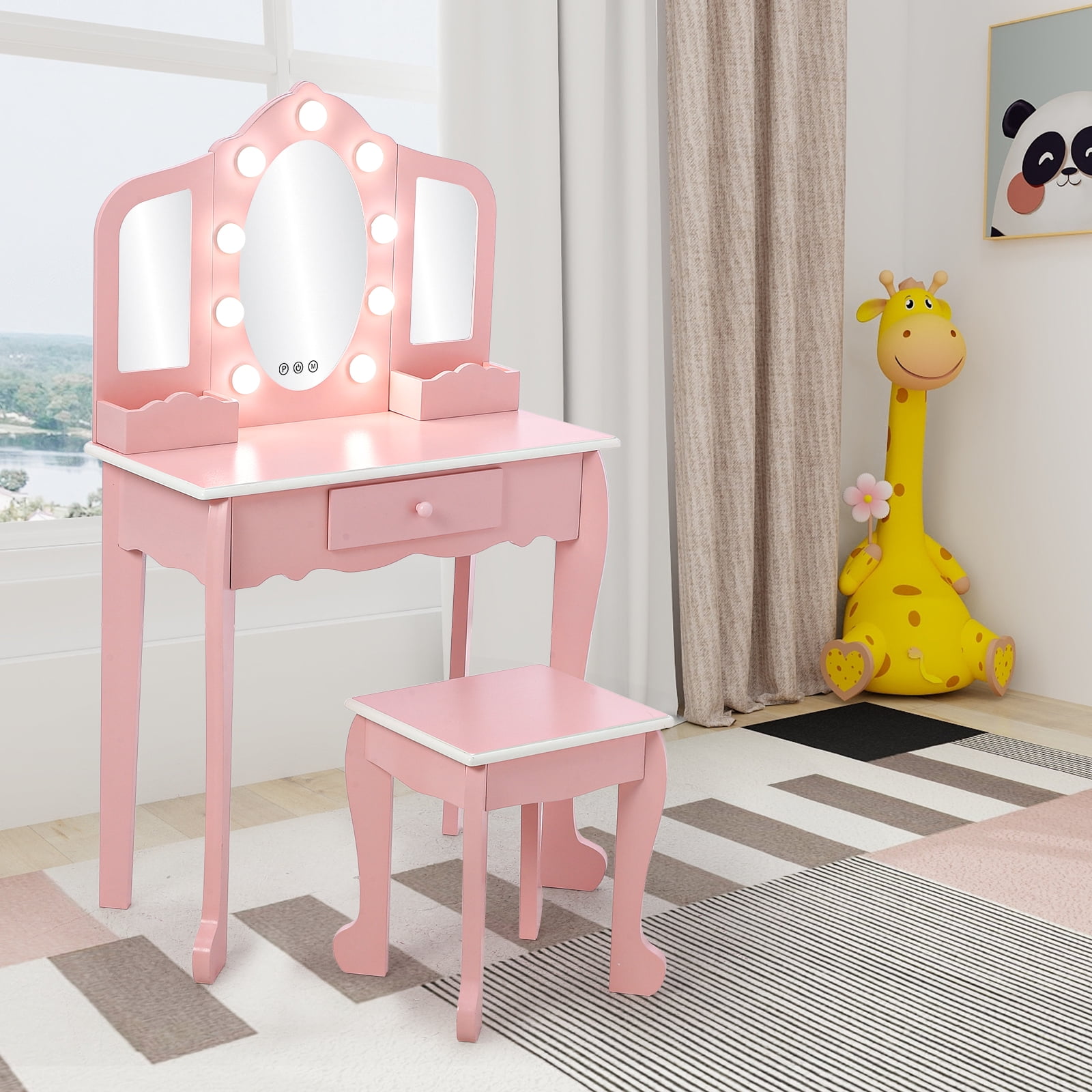 Kids' Vanity Set with 3 Mirrors and Light, Makeup Table and Stool for ...