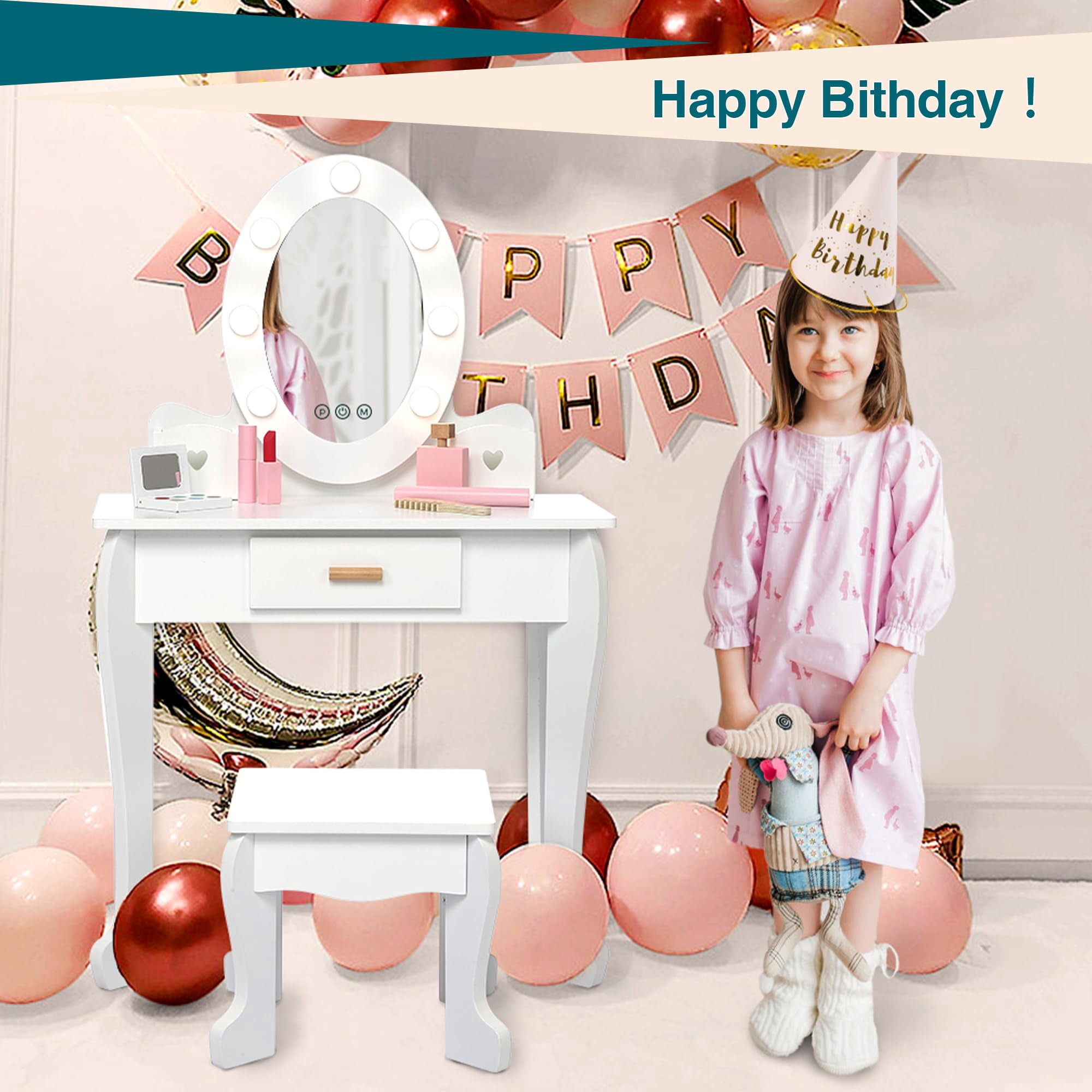 Kids Vanity Set with Lighted Mirror – Pretend Play Girls Vanity Table ...