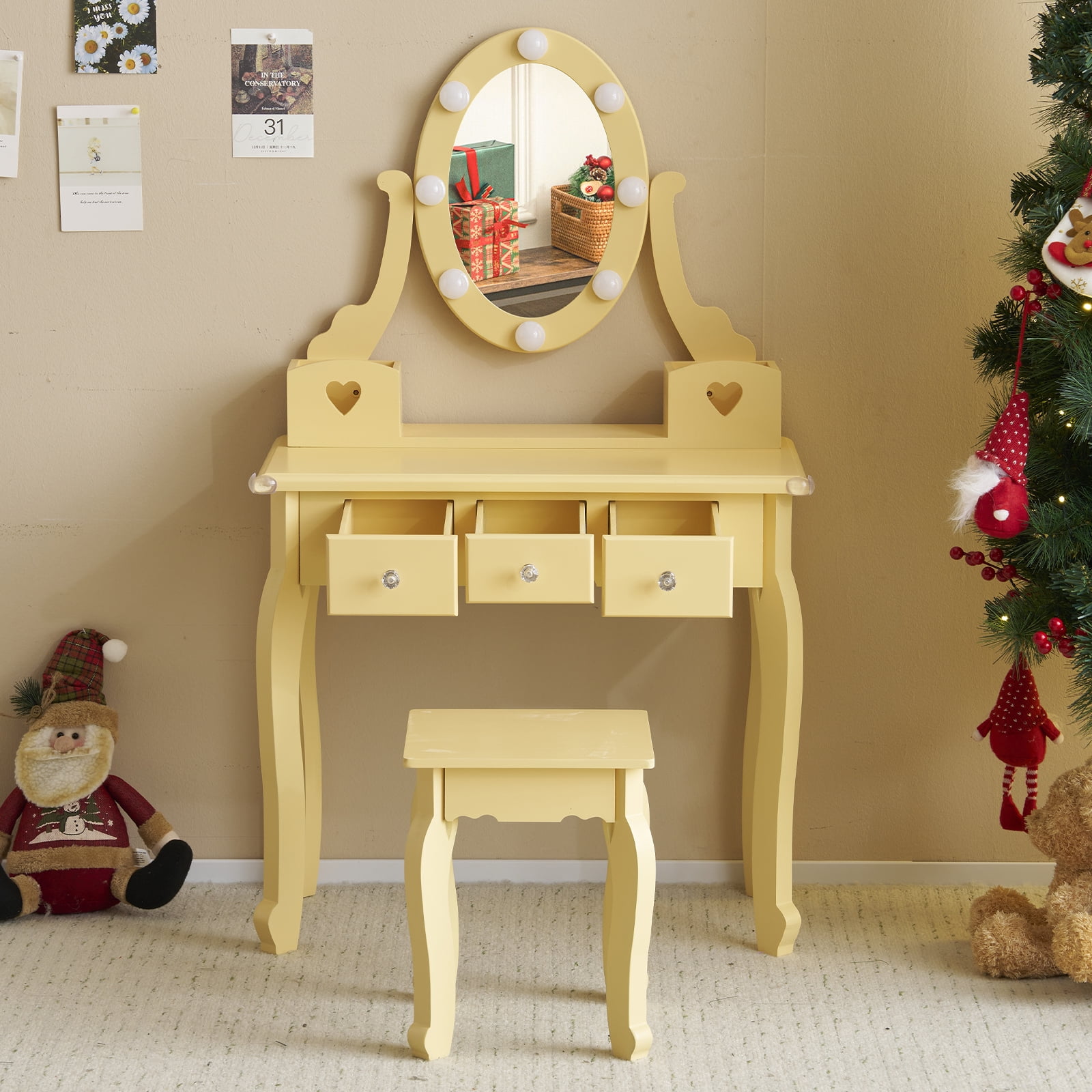 Kids Vanity Set with Lights & Mirror, 5 Storage Drawers, Pretend Play ...