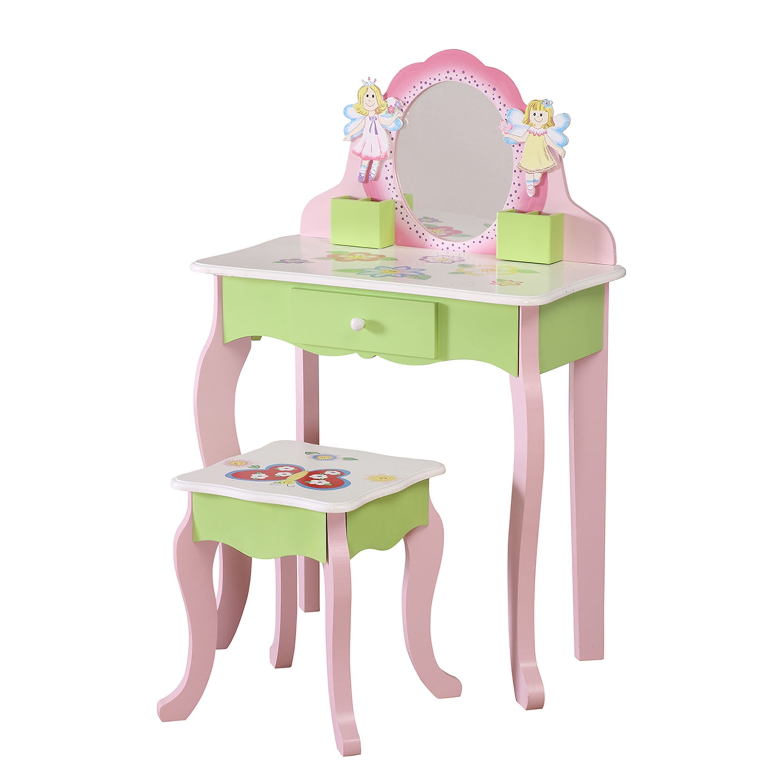 Kids Vanity Set with Mirror Drawer Flower Fairy Design Wooden Toddler ...