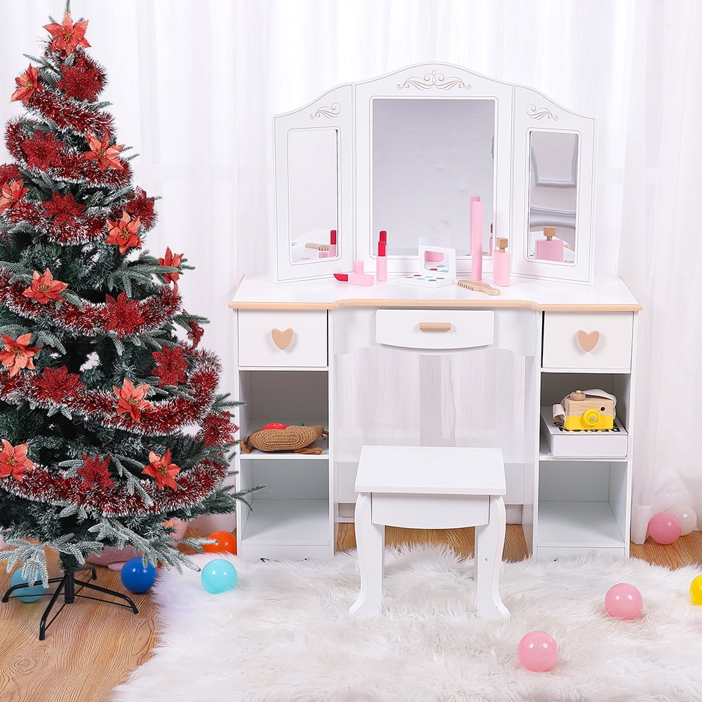 Kids Vanity Set with Mirror and Drawer, Princess Makeup Vanity with ...