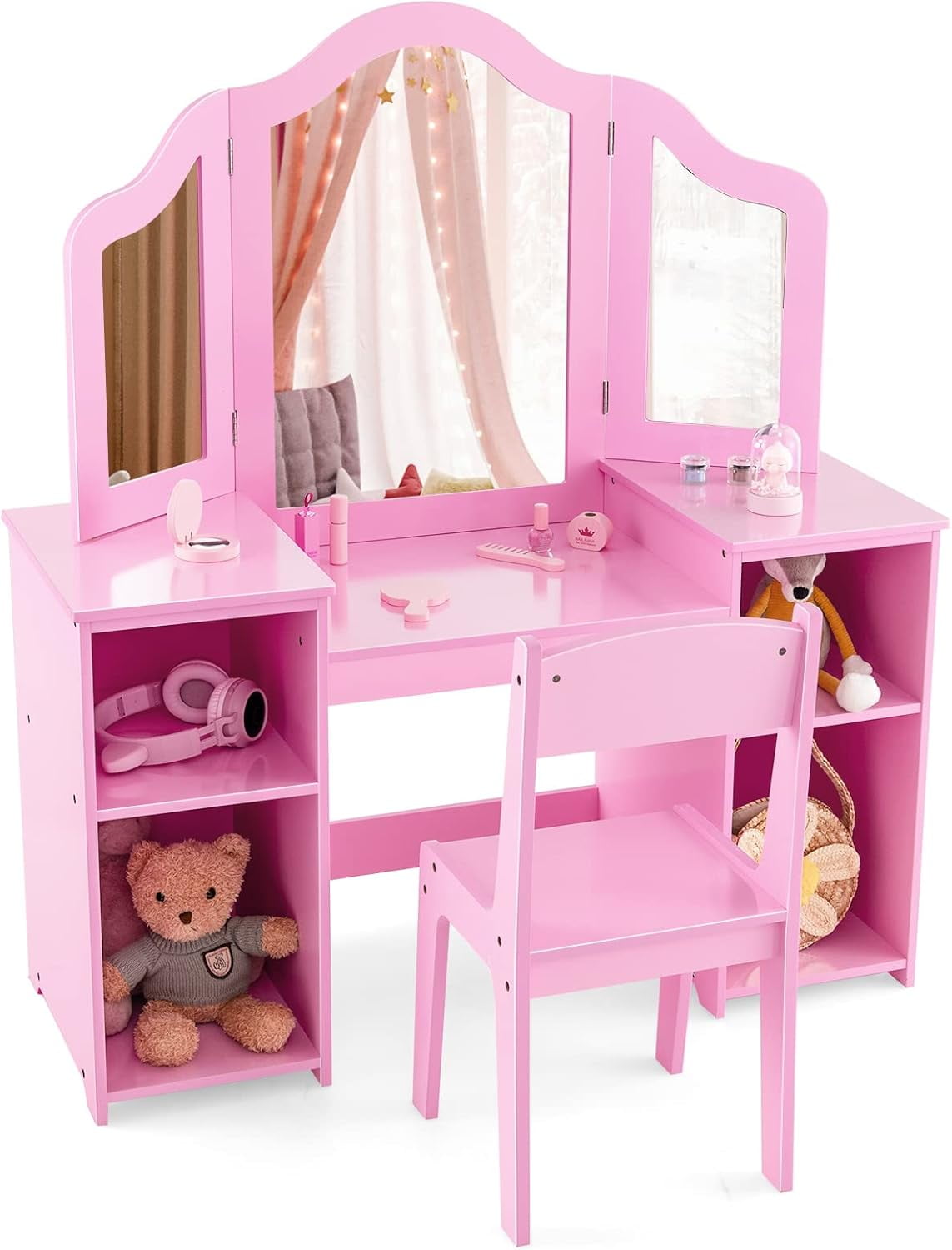 Kids Vanity Table and Chair, 2 in 1 Wooden Princess Dressing Desk with ...