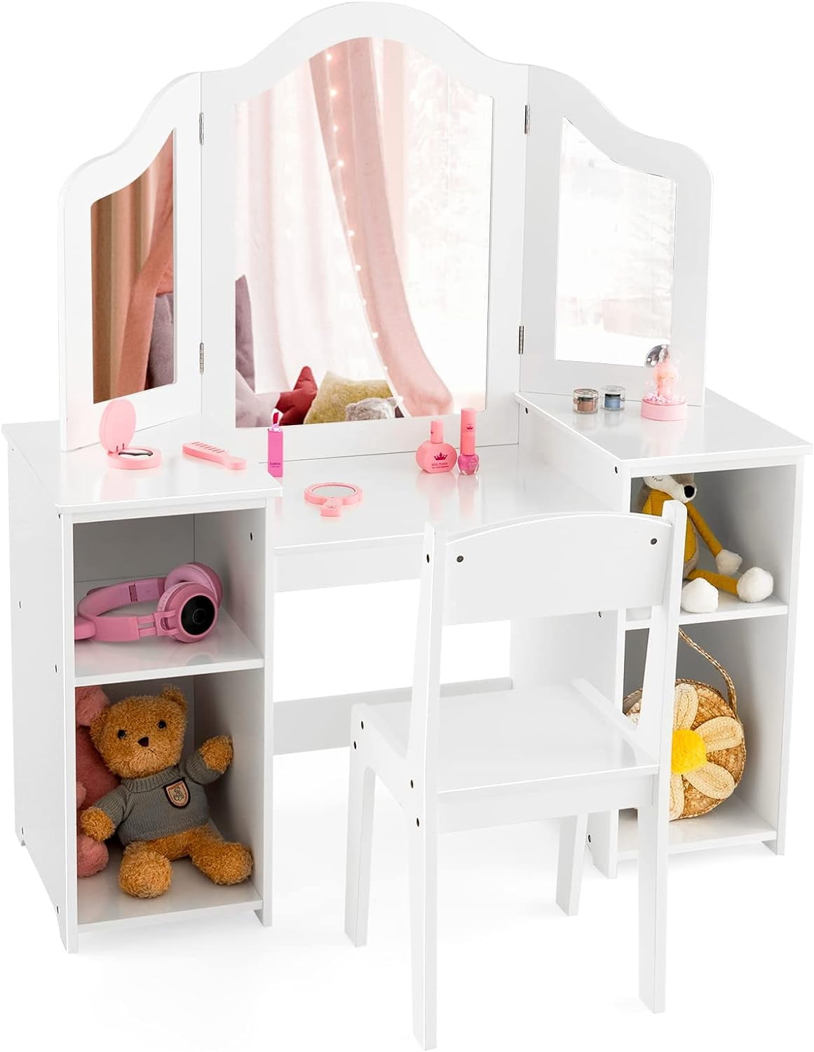 Kids Vanity Table and Chair Set, 2 in 1 Wooden Princess Dressing Desk ...