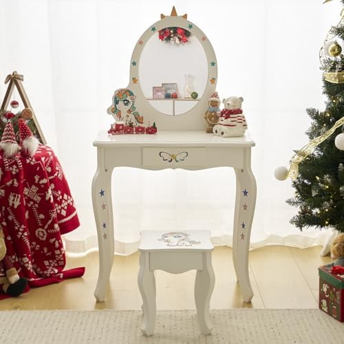 Kids Vanity Table and Chair Set, Cute Unicorn Design Girls Vanity with ...