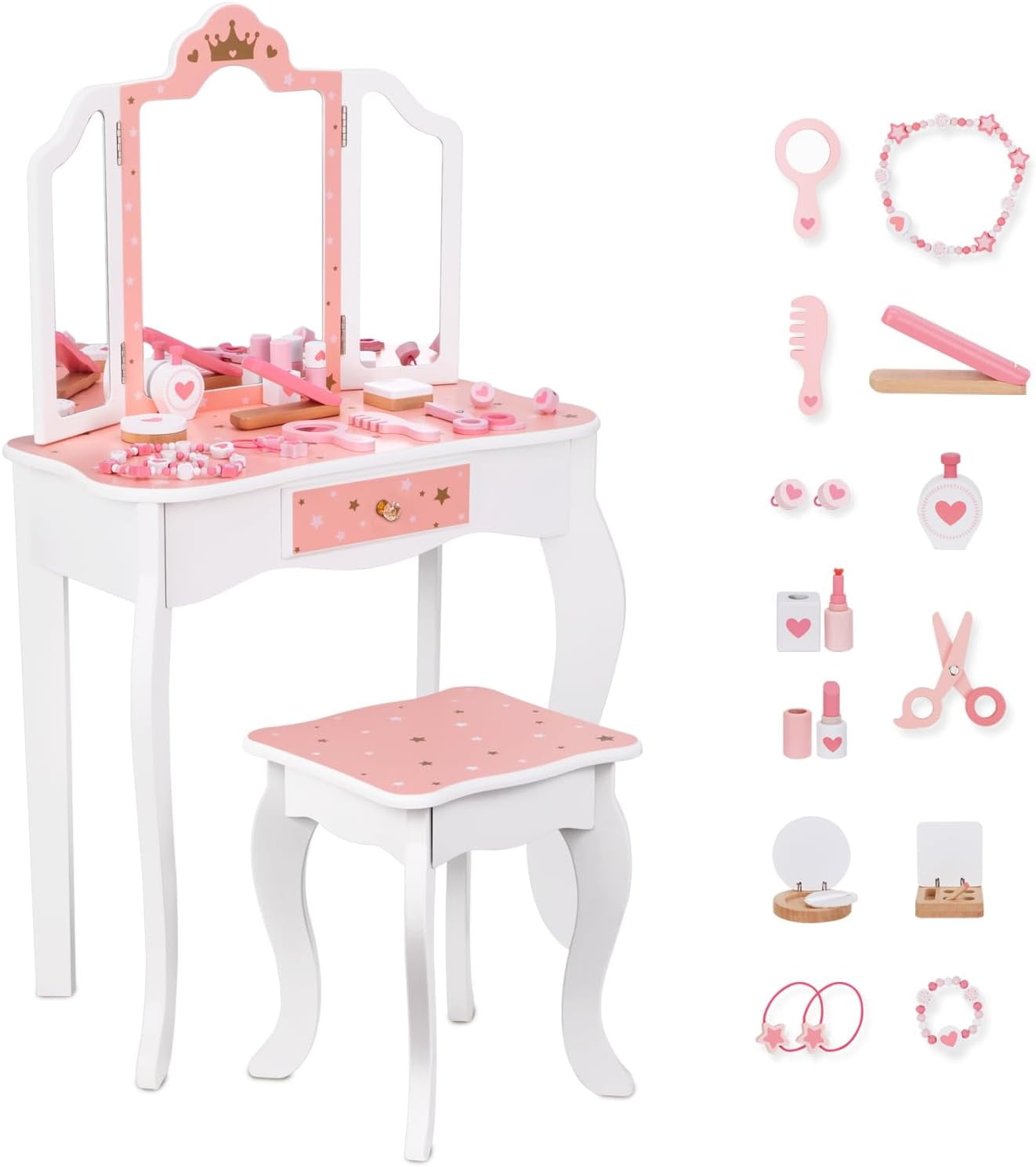 Kids Vanity Table and Chair Set, Girls Vanity with Mirror and Stool ...