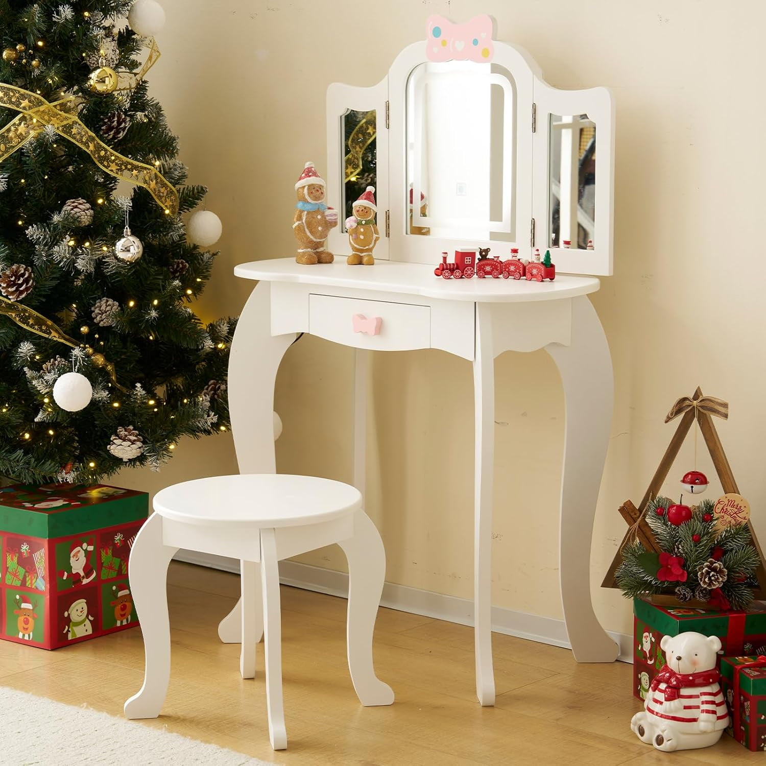 Kids Vanity Table and Chair Set, Girls Vanity Set with Mirror & 3-Color ...