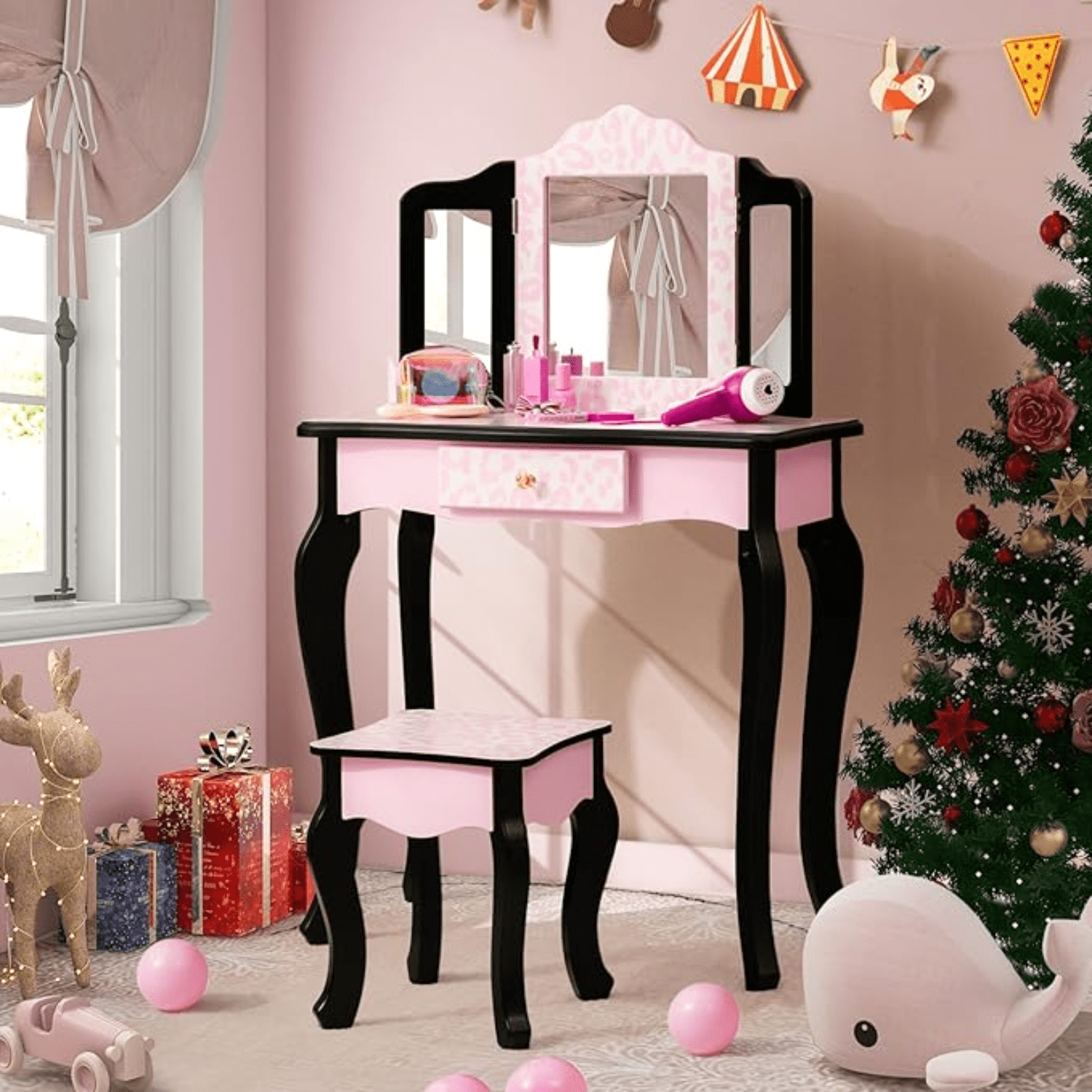 Kids Vanity Table and Chair Set, Girls Vanity Set with Mirror and Stool ...