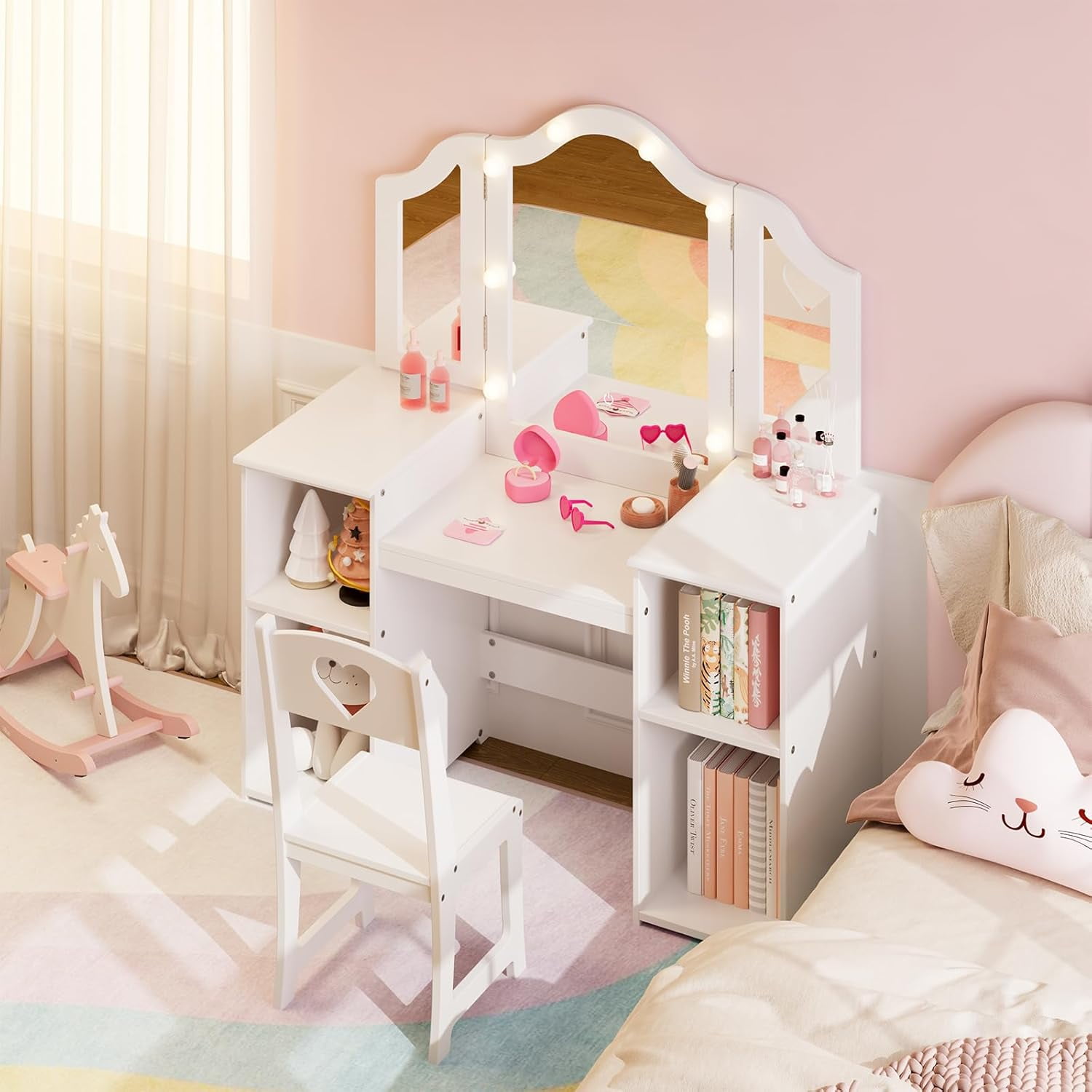 Kids Vanity Table and Chair Set, Little Girls Vanity 2 in 1 Vanity with ...