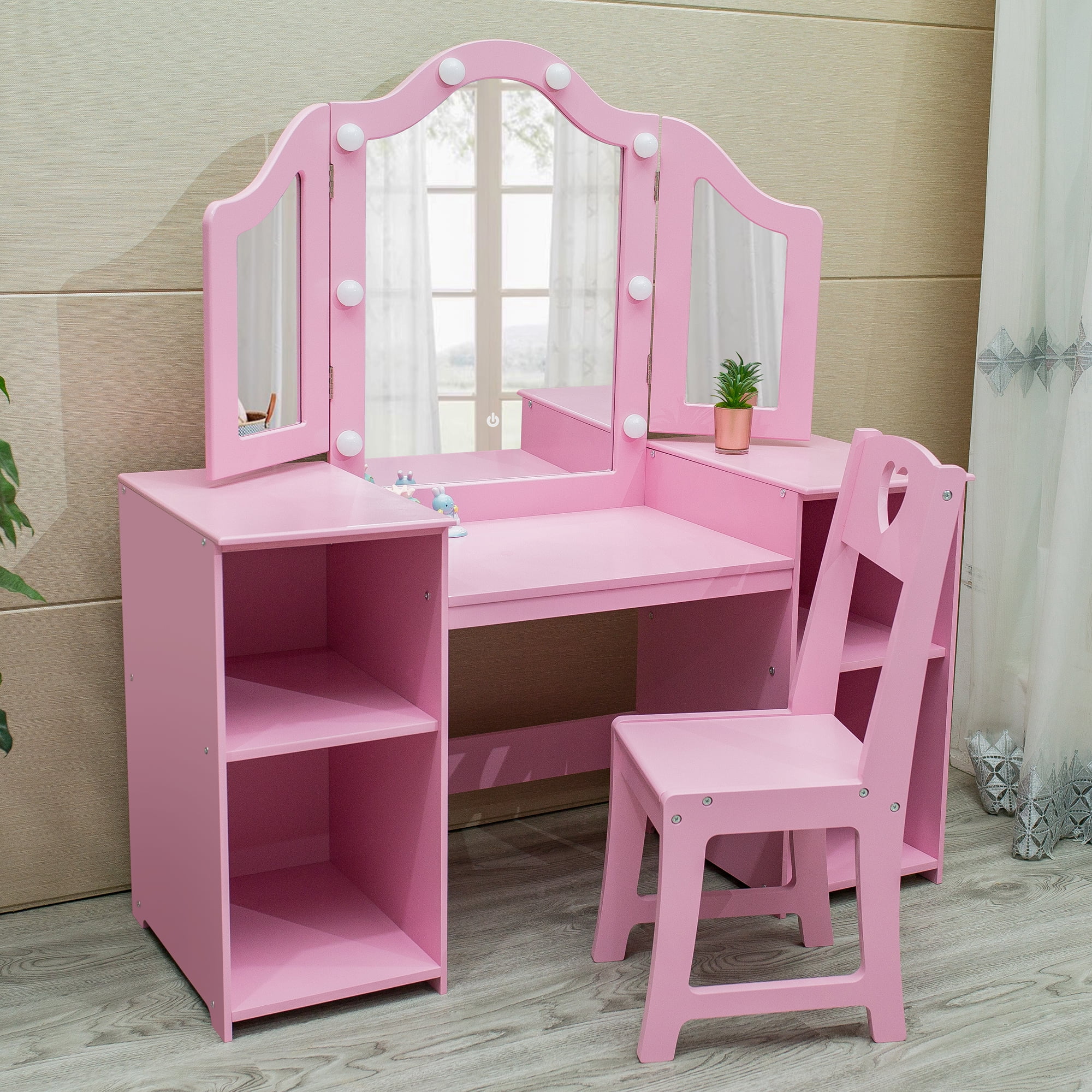 Kids Vanity Table, Girls 2 in 1 Princess Makeup Desk with Touch Light ...