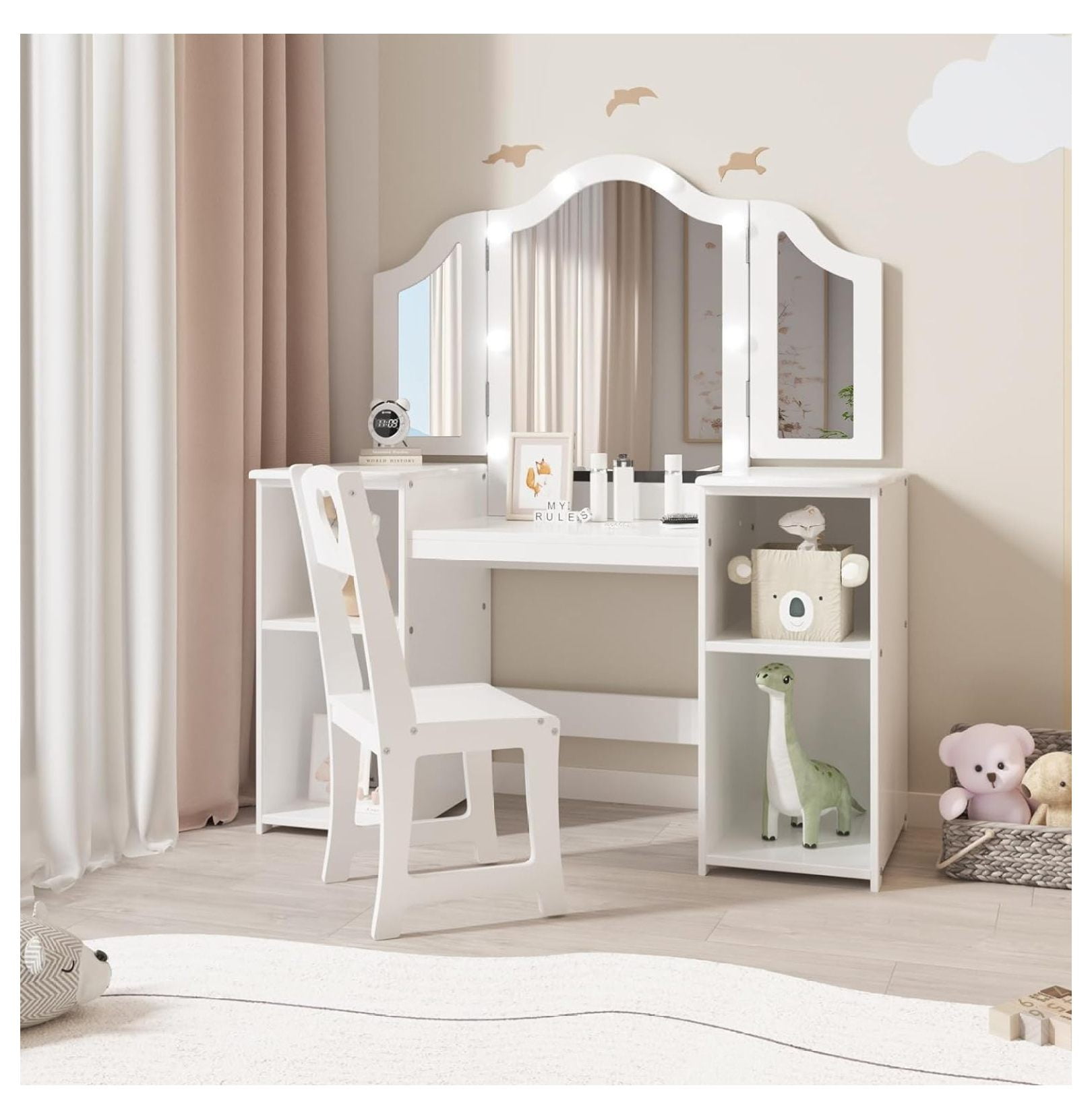 Kids Vanity Table, Girls Vanity withTouch Light Detachable Tri-Folding ...