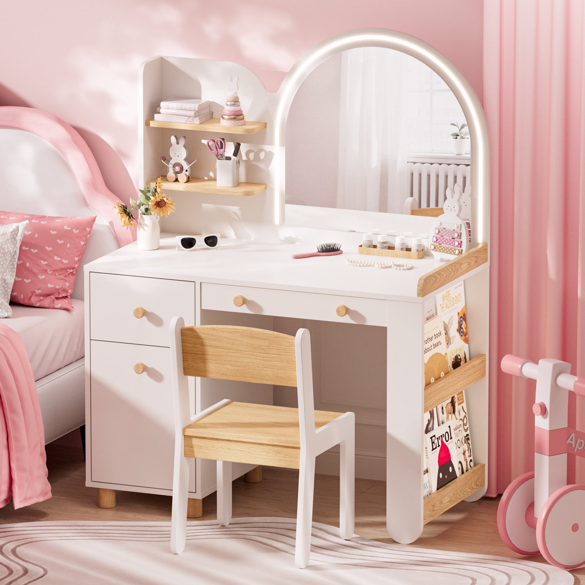 Kids Vanity Table Set with Lighted Mirror & Chair, Wooden Princess ...