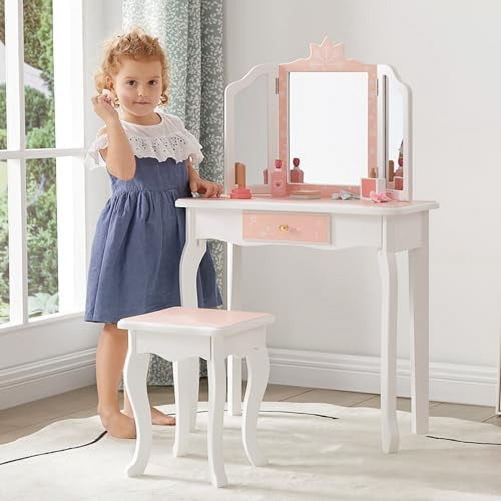 Kids Vanity Table & Stool Set, Girls Vanity Set with Detachable Tri ...