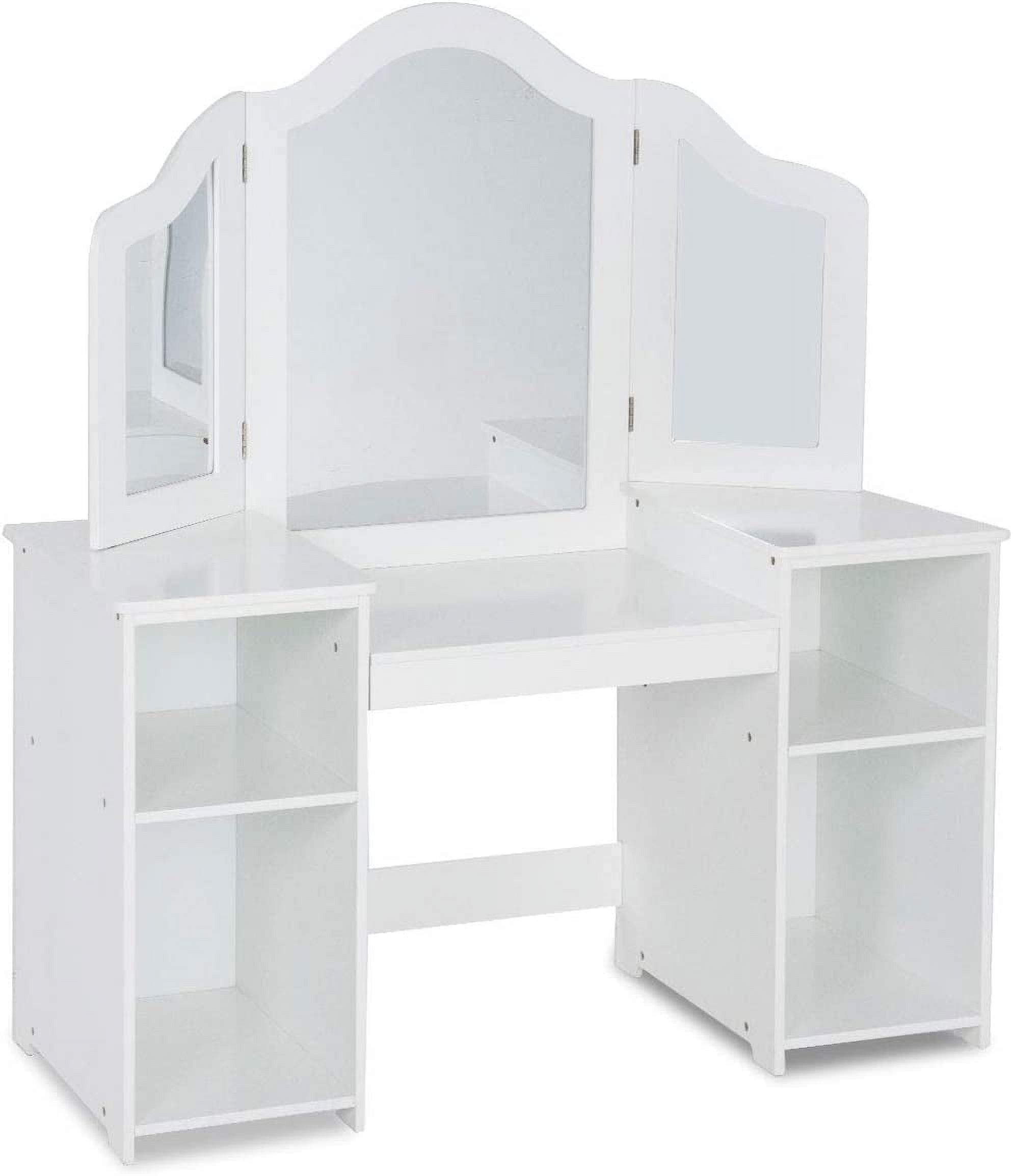Kids Vanity Table, White Dressing Table with 4 Storage Shelves, 2 ...