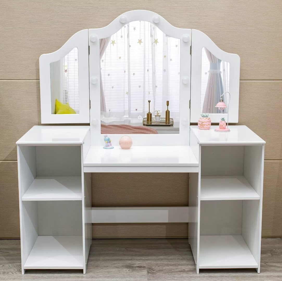 Kids Vanity Table and Chair Set, Girls Make Up Vanity Desk with ...