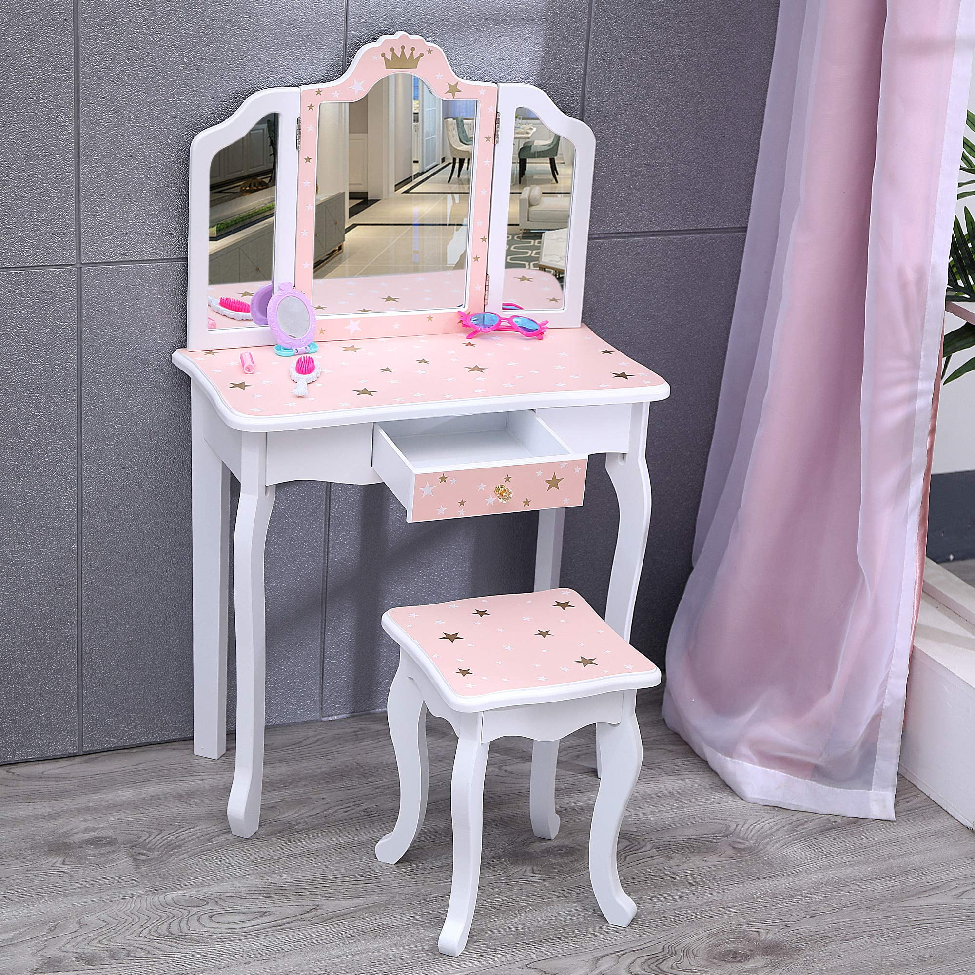 Kids Vanity Table and Chair Set, Girls Vanity Set with Stool, Tri ...