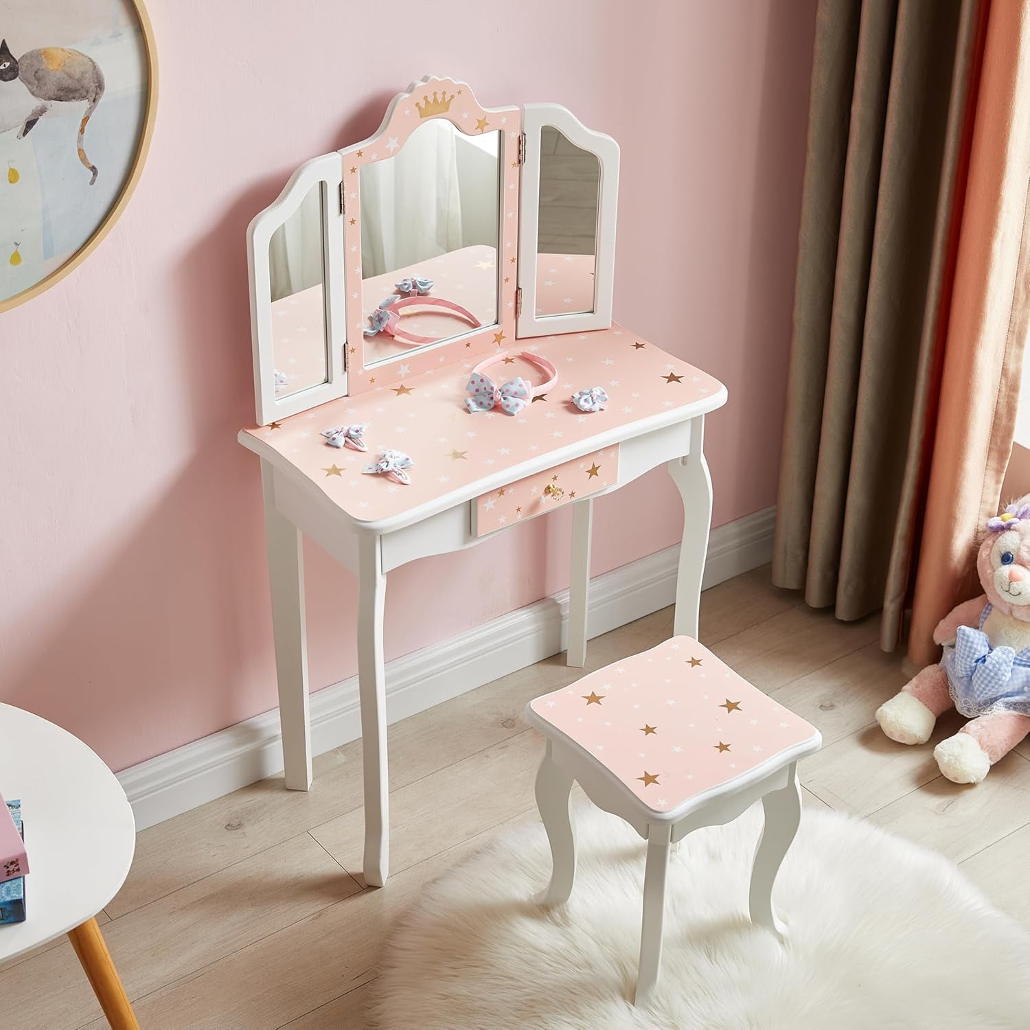 Kids Vanity Table and Chair Set, Girls Vanity Set with Stool, Tri ...