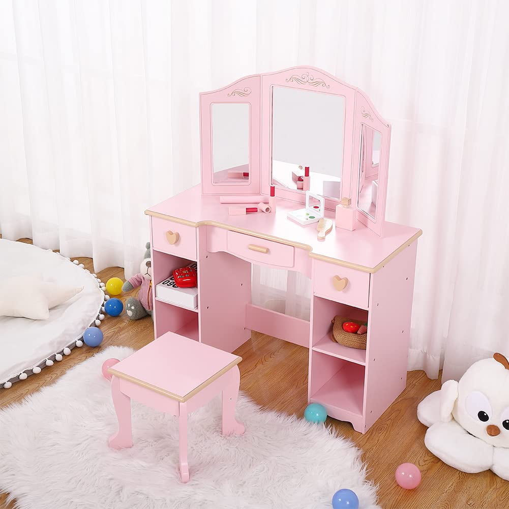 Kids Vanity Table and Chair Set with Mirror and Drawer, Wood Makeup ...
