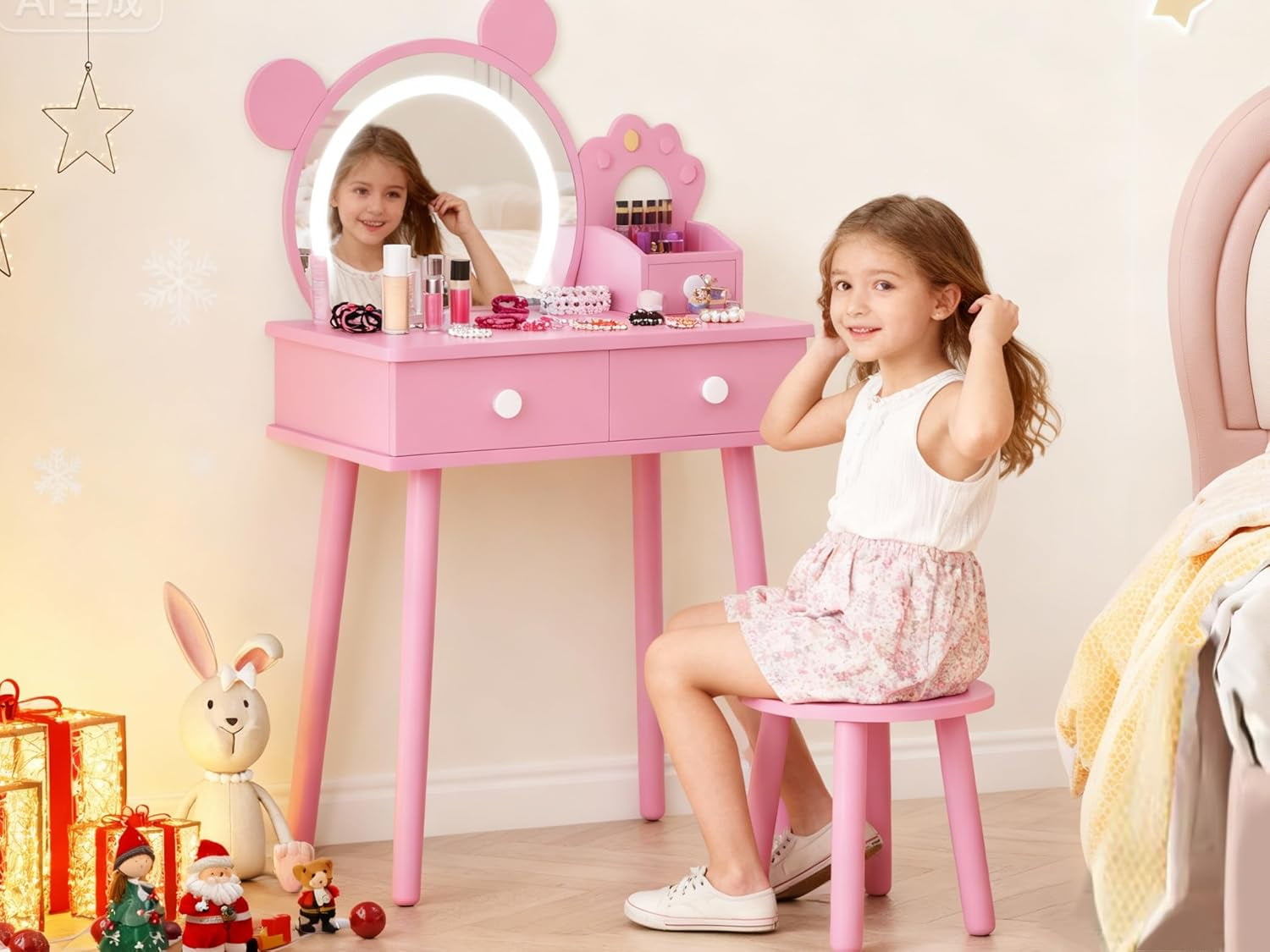 Kids Vanity Table with Lights, Bear-Shaped Dressing Tables with Stool ...