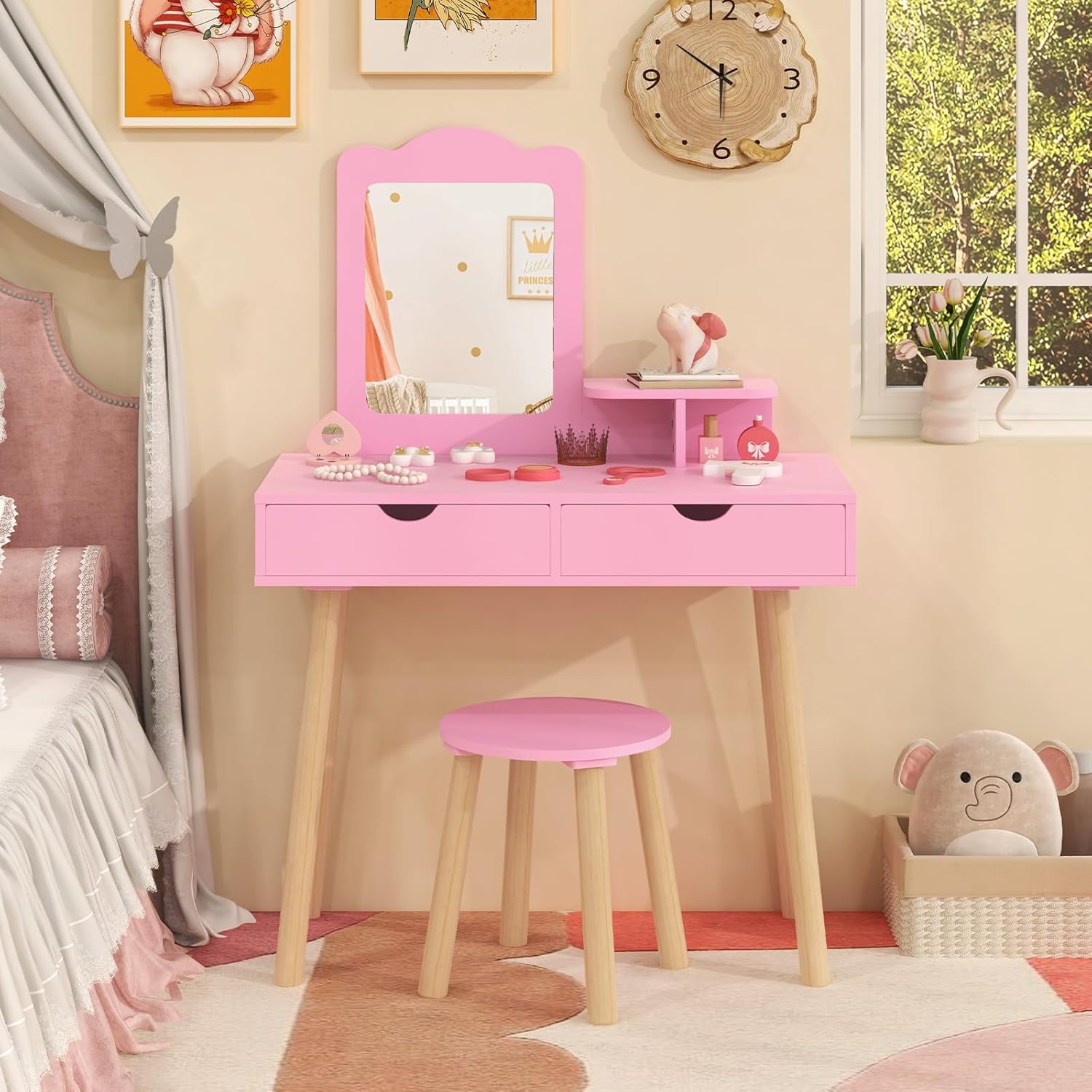 Kids Vanity, Wooden Girls Vanity Set with Mirror and Stool, 2 Storage ...