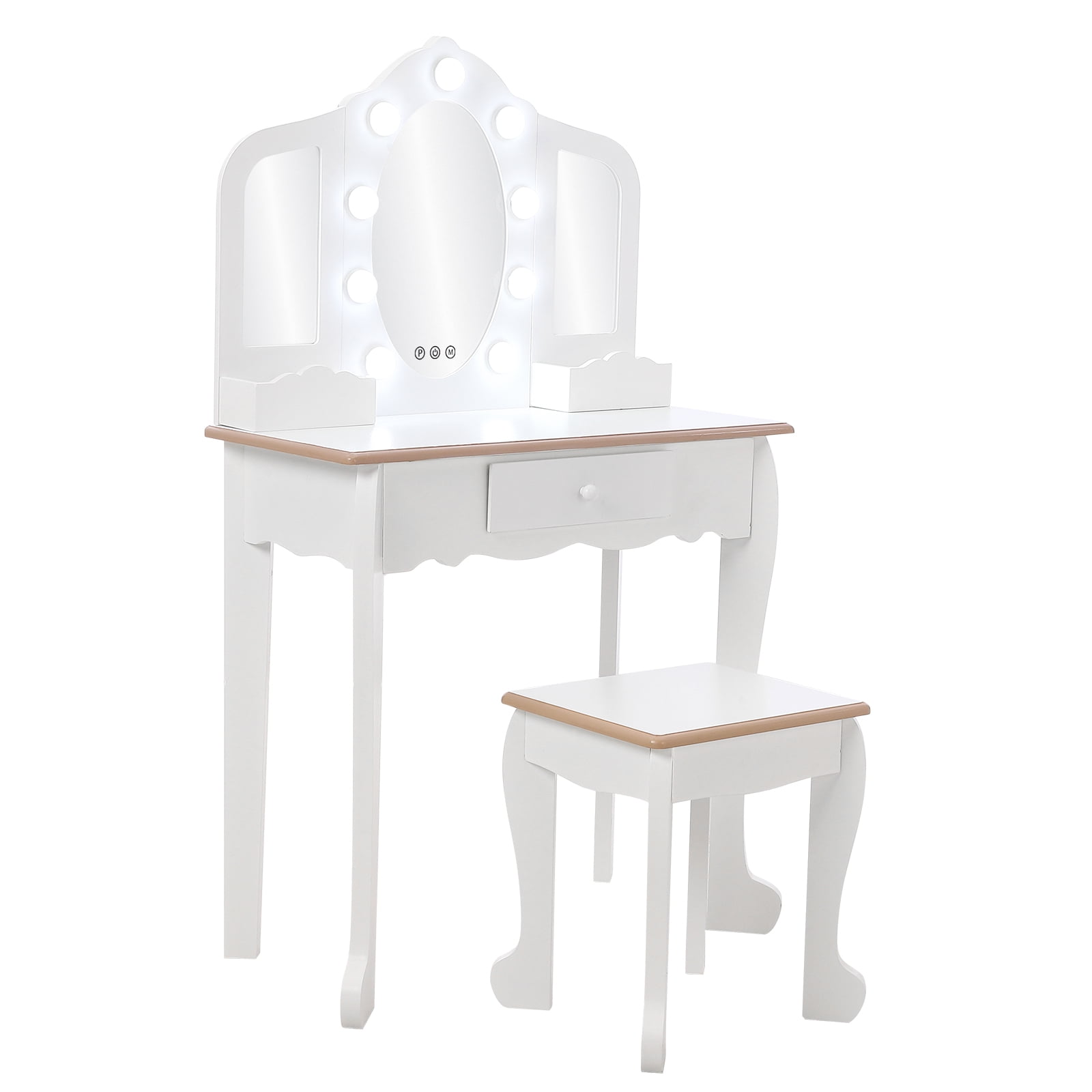 Kids Vanity with 3 Mirrors and Stool, Girls Vanity with Wood Makeup ...