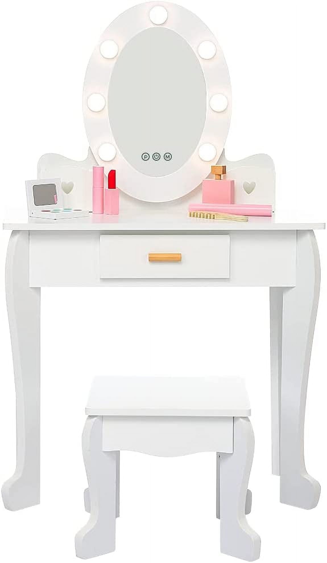 Kids Vanity with Mirror and Stool, Girls Vanity with Touch Light and ...