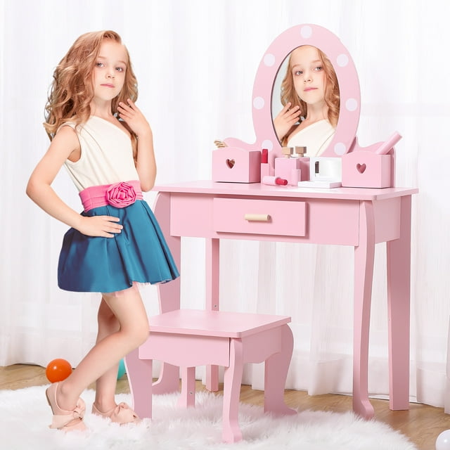 Kids Vanity with Mirror and Stool, Girls Vanity with Wood Makeup ...