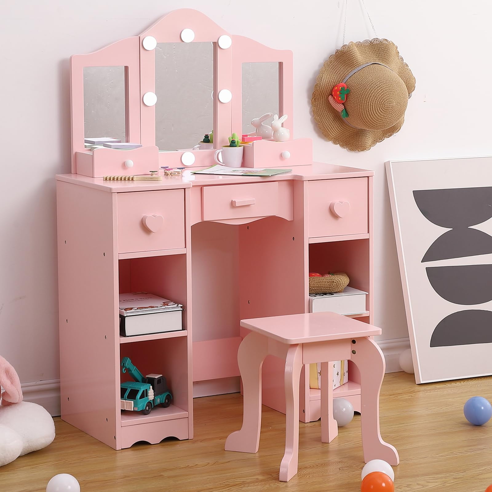 Kids Vanity with Tri-Folding Mirror 2 in 1 Princess Makeup Desk with ...