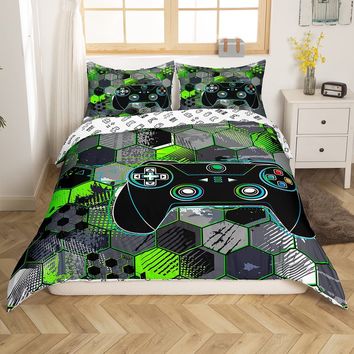 Kids Video Games Duvet Cover Set King Size, Green Honeycomb Gamepad ...