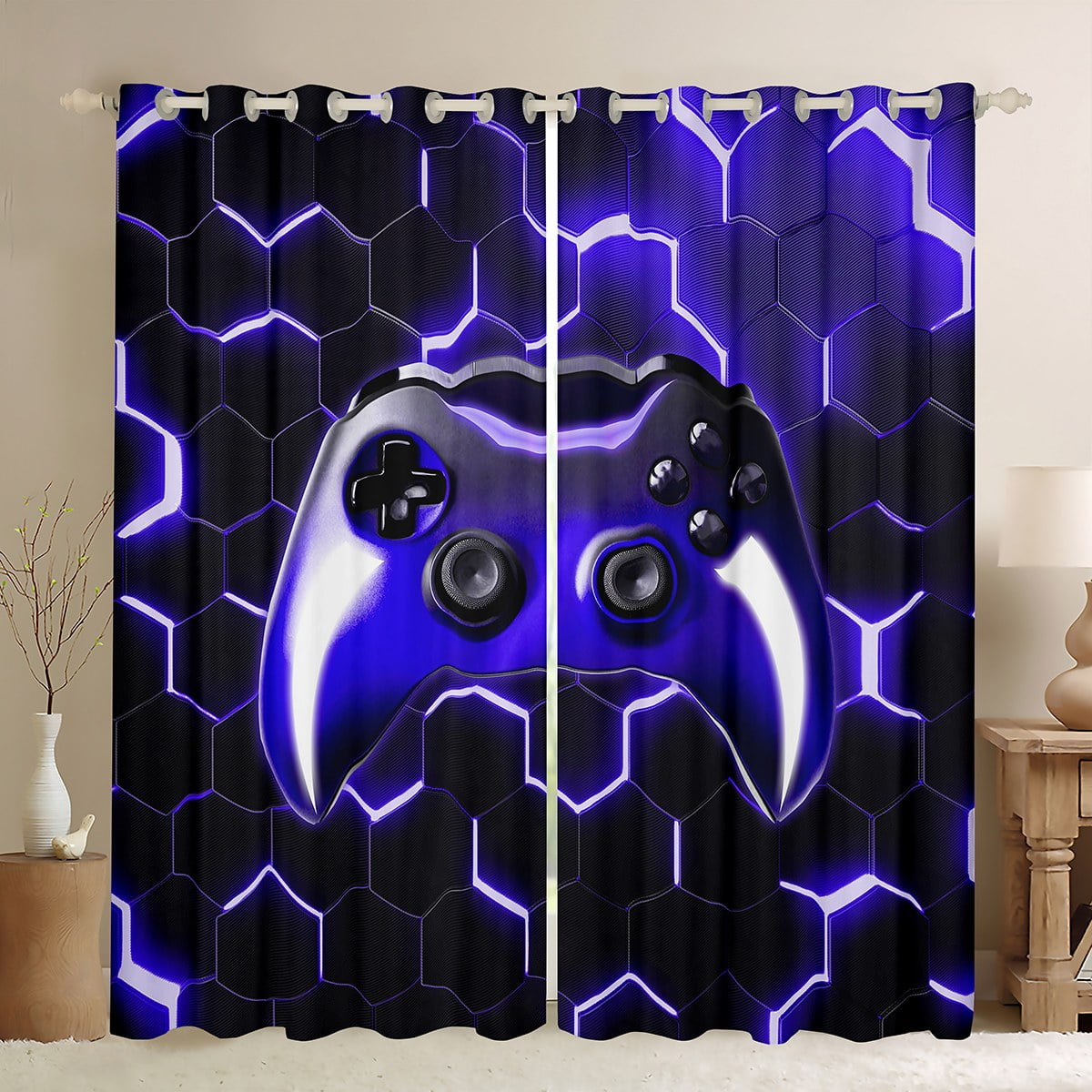 Kids Video Games Gamer Curtains & Drapes Deep Blue and Black Gaming ...