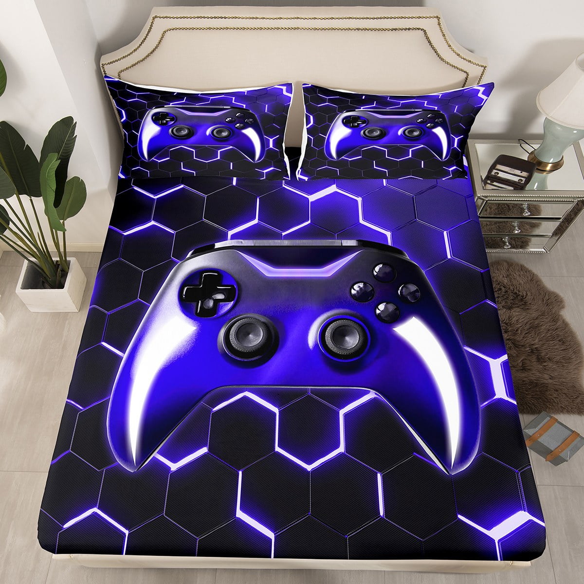 Kids Video Games Gamer Fitted Sheet Deep Blue and Black Gaming Bed Set ...