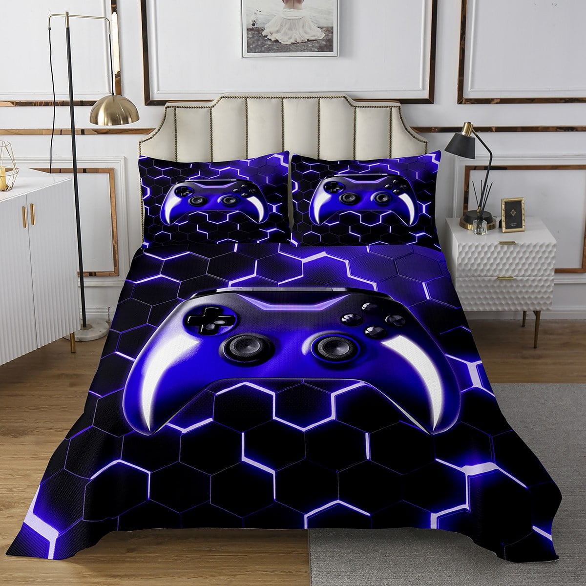 Video Games Gamer Quilt Set Deep Blue and Black Gaming Bedspread Set ...