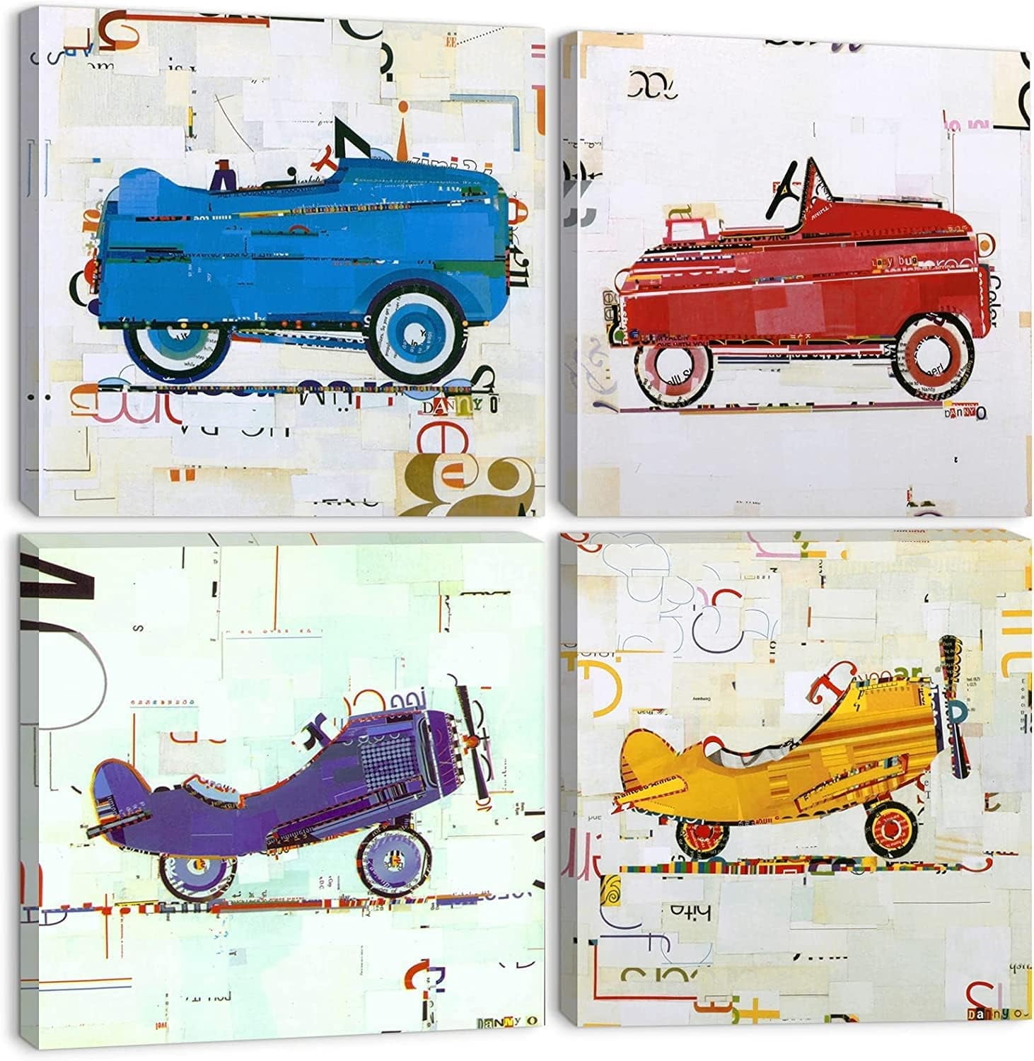 Kids Wall Art Cartoon Car Canvas Prints for Boys Room Decor Colorful ...