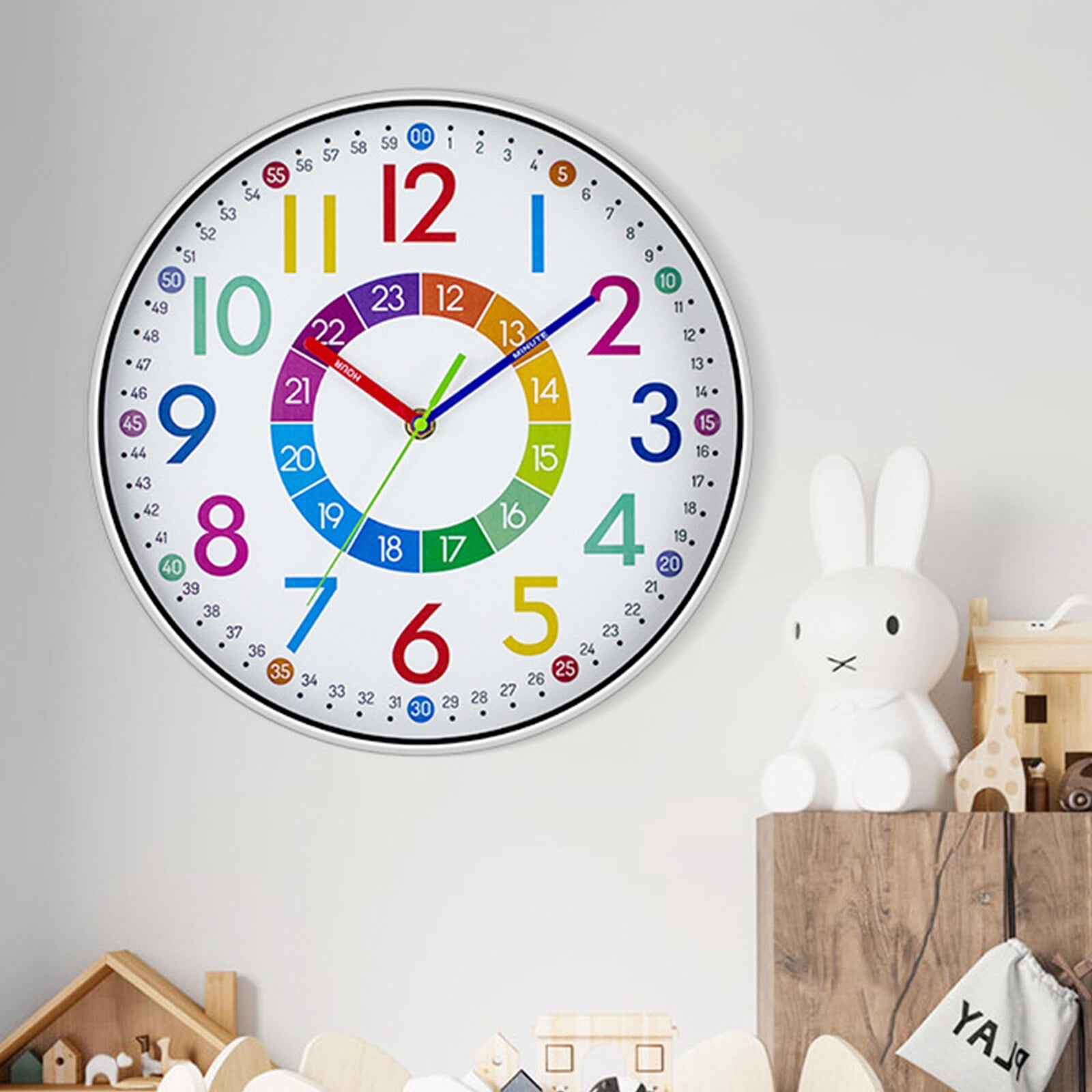 Kids Wall Clock for Bedroom, 12 Inch Round Multi-Colored Learning Clock ...