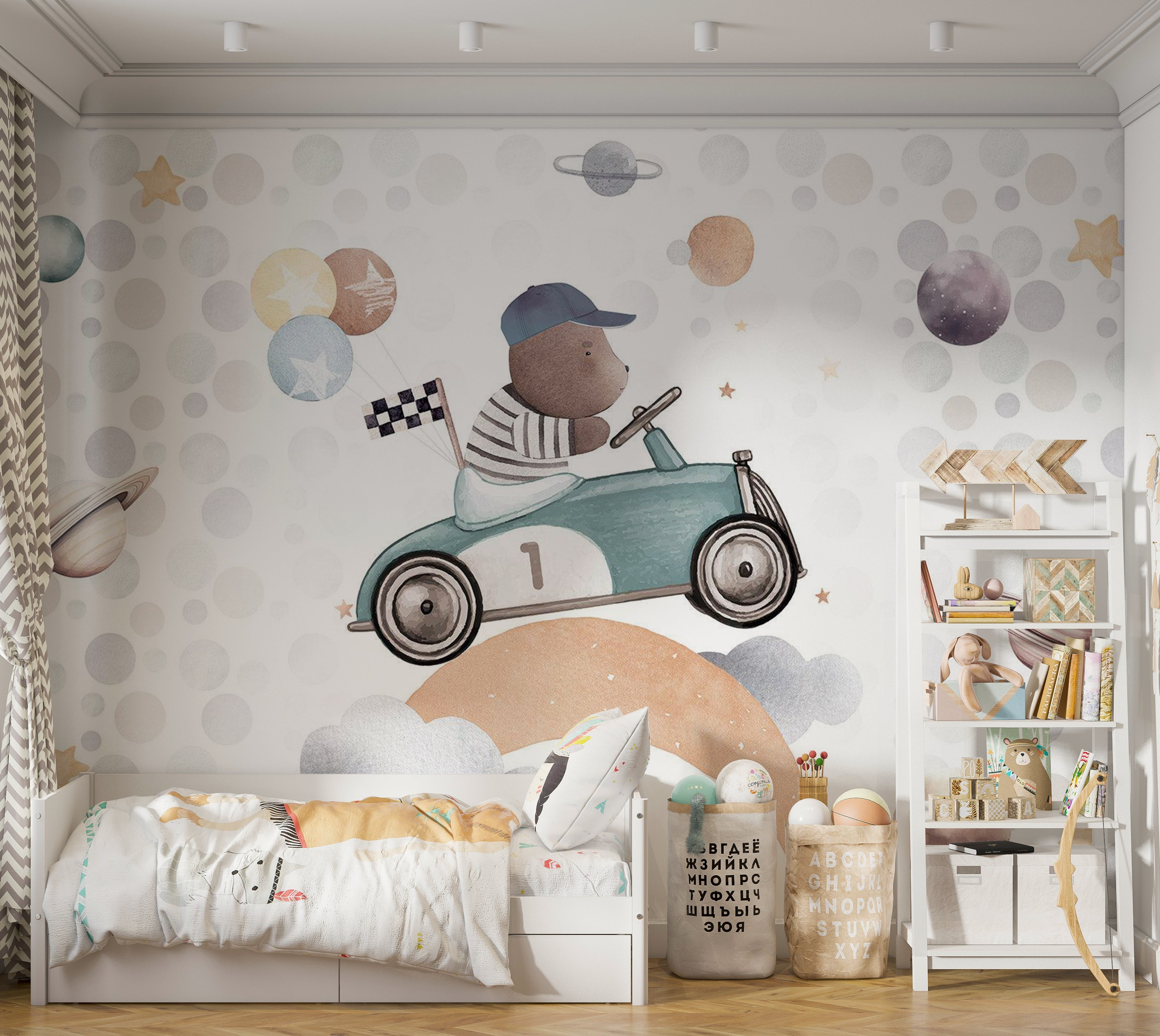 Kids Wallpaper Wall Mural - Teddy Bear in a Racing Car - Walmart.com