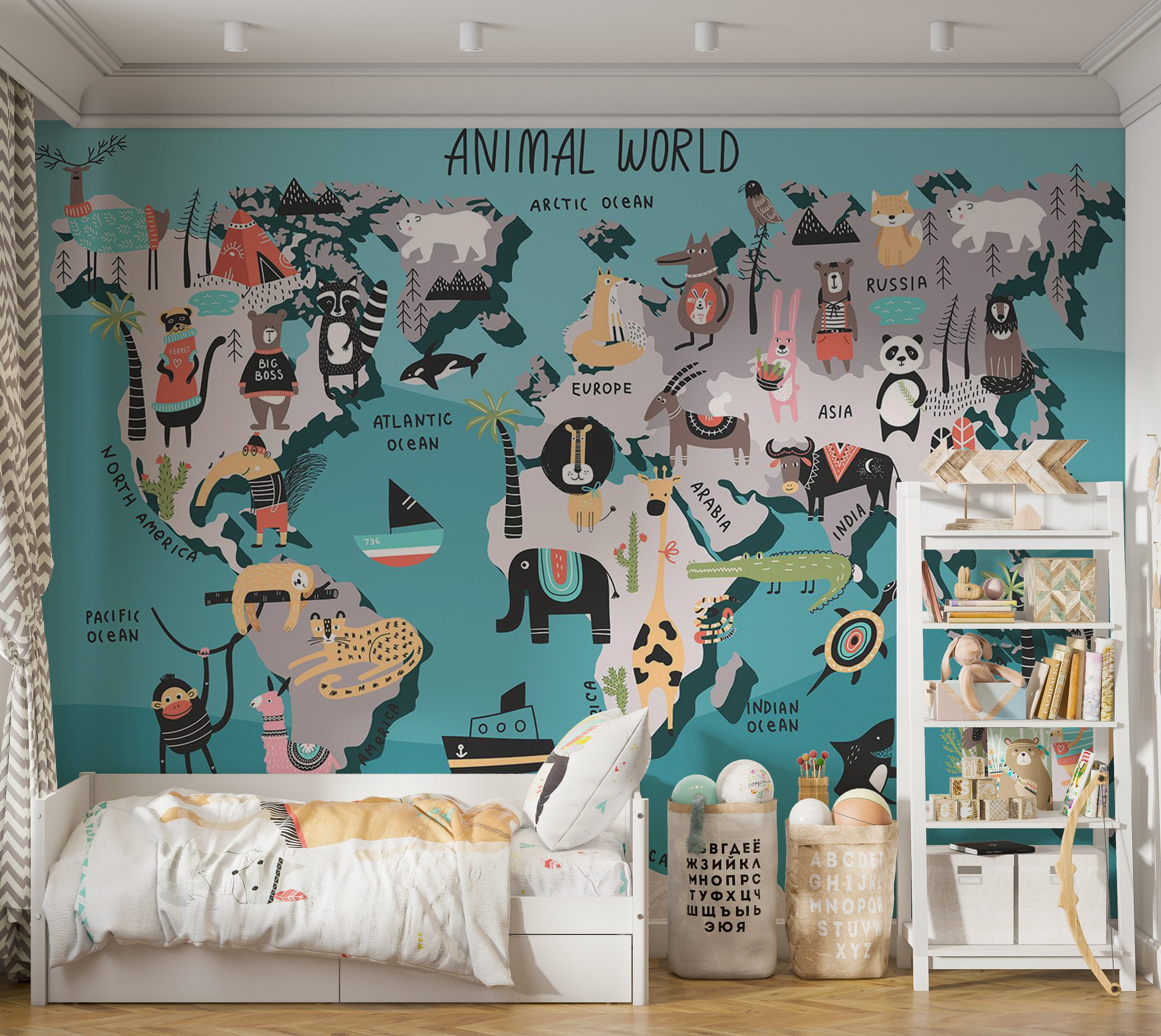 Kids Wallpaper Wall Mural - World Map With Animals - Walmart.com