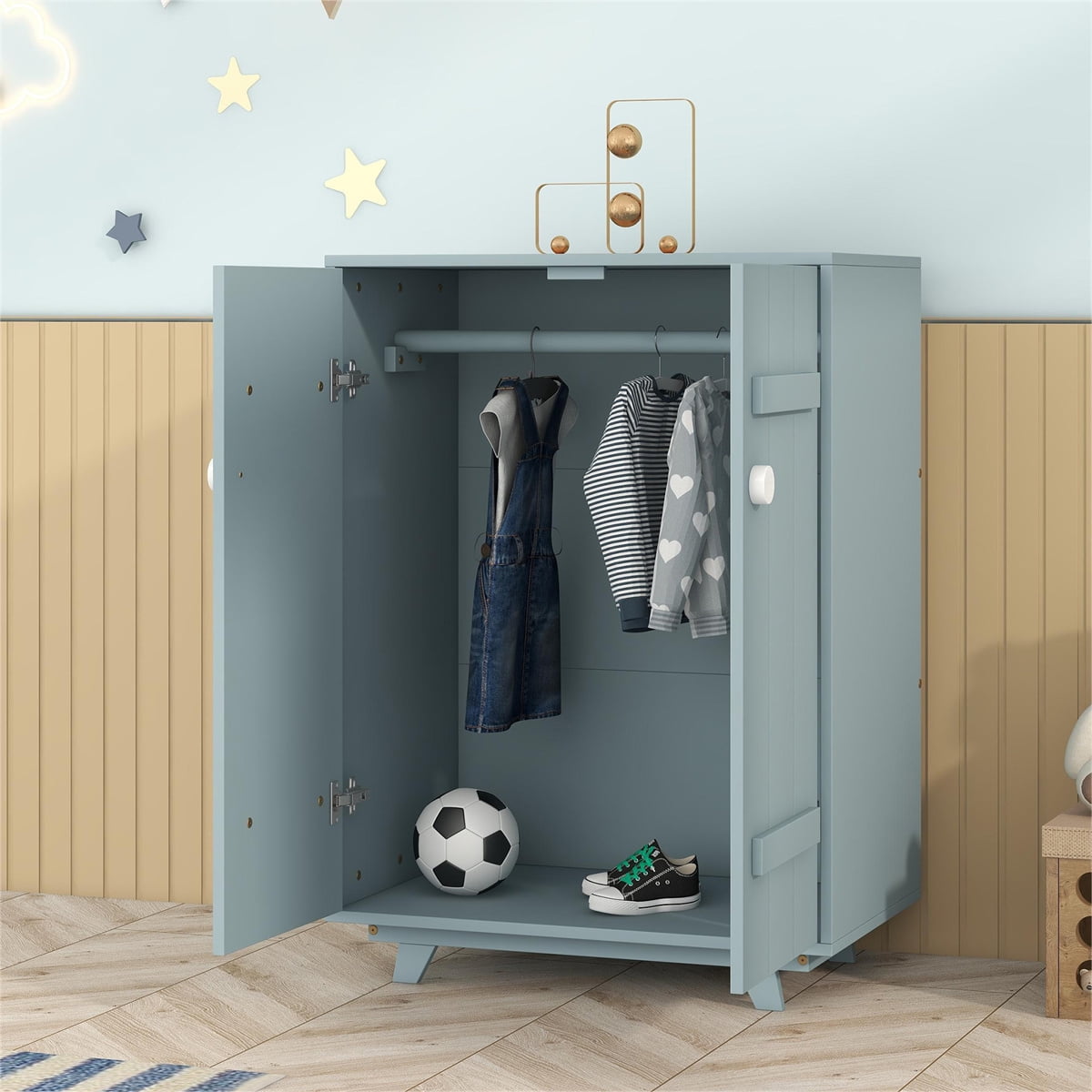 Kids Wardrobe Cabinet with Hanging Rod,Wooden Storage Armoires with 2 ...