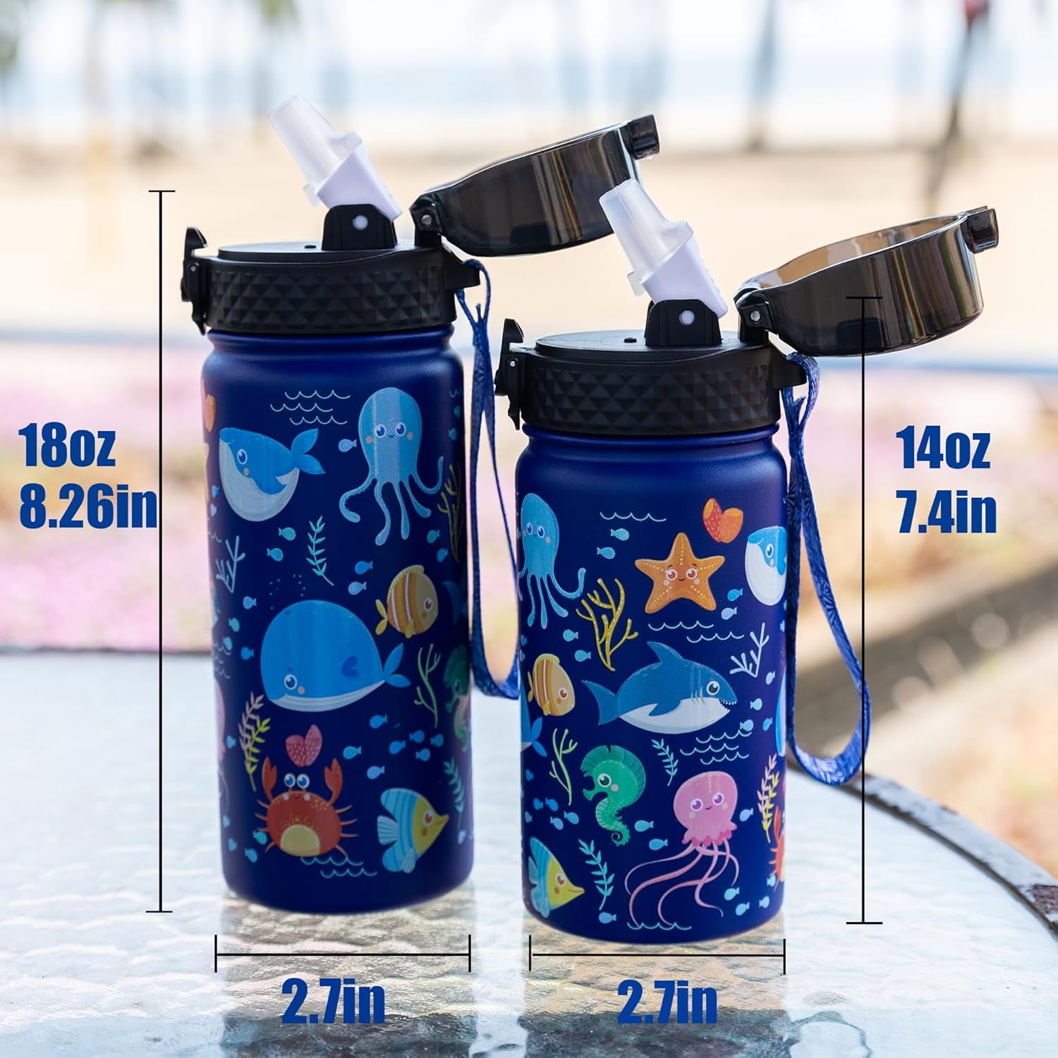 Kids Water Bottle (Straw Lid) - 14 Oz Stainless Steel Travel Bottle, Double Wall Vacuum Leak ...