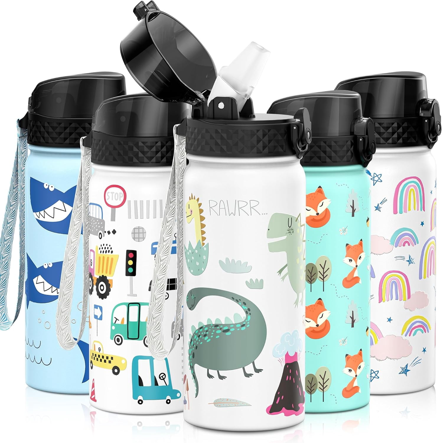 Kids Water Bottle (Straw Lid) - 18 Oz Stainless Steel Travel Bottle ...