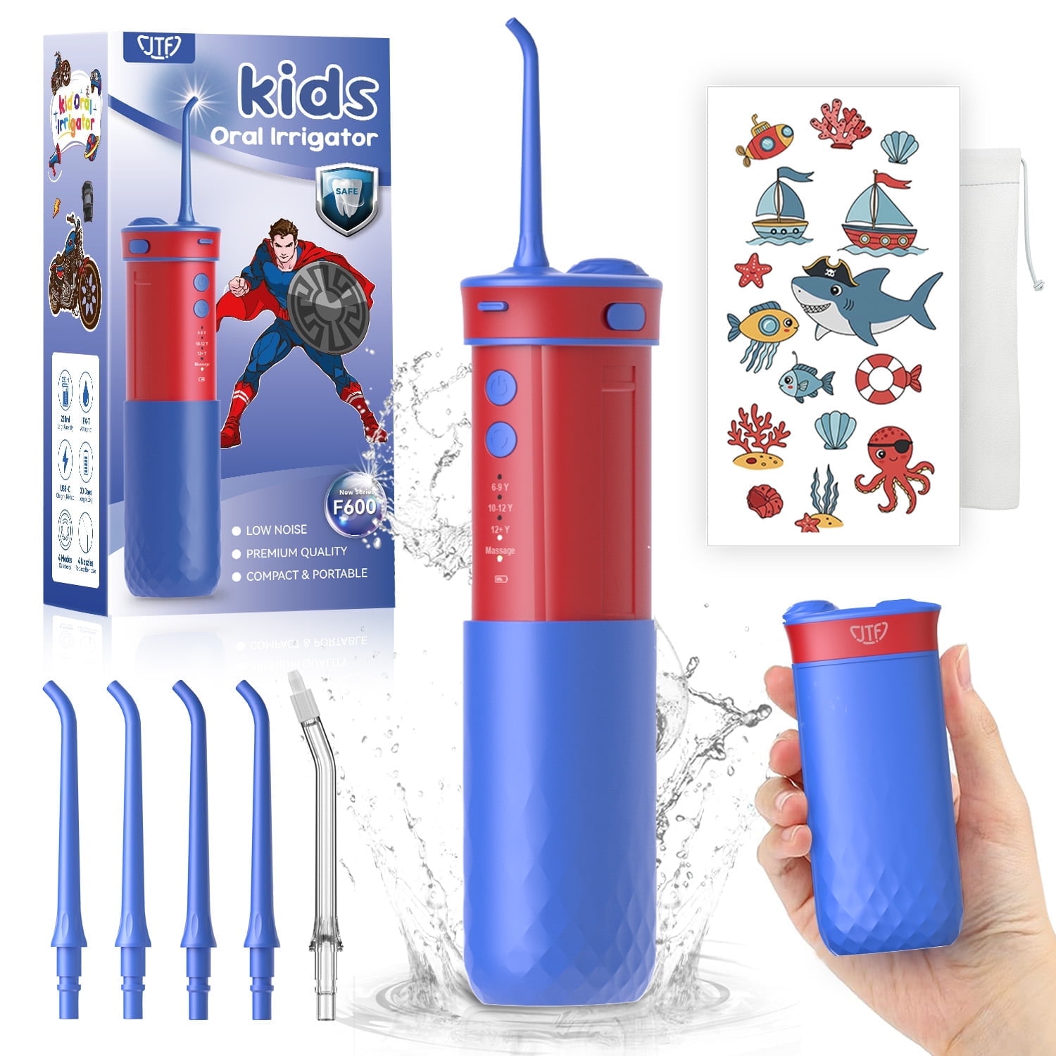 JTF Kids Water Dental Flosser for Ages 6+ with 5 Nozzles, Fun Stickers ...