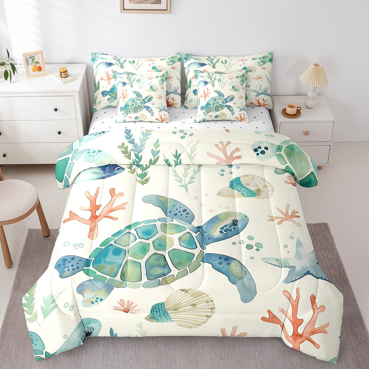 Watercolor Sea Turtle Bed in a Bag 7-Piece Cartoon Wildlife Bedding Set ...