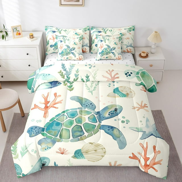 Watercolor Sea Turtle Bed in a Bag 7-Piece Cartoon Wildlife Bedding Set ...