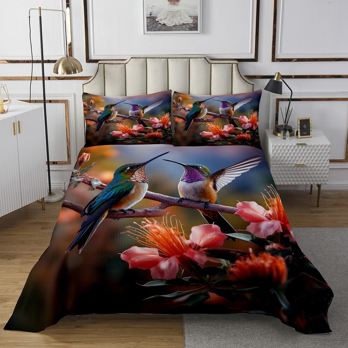 Watercolor Sparrow Quilt Set Romance Garden Flower King Bedspread Set ...