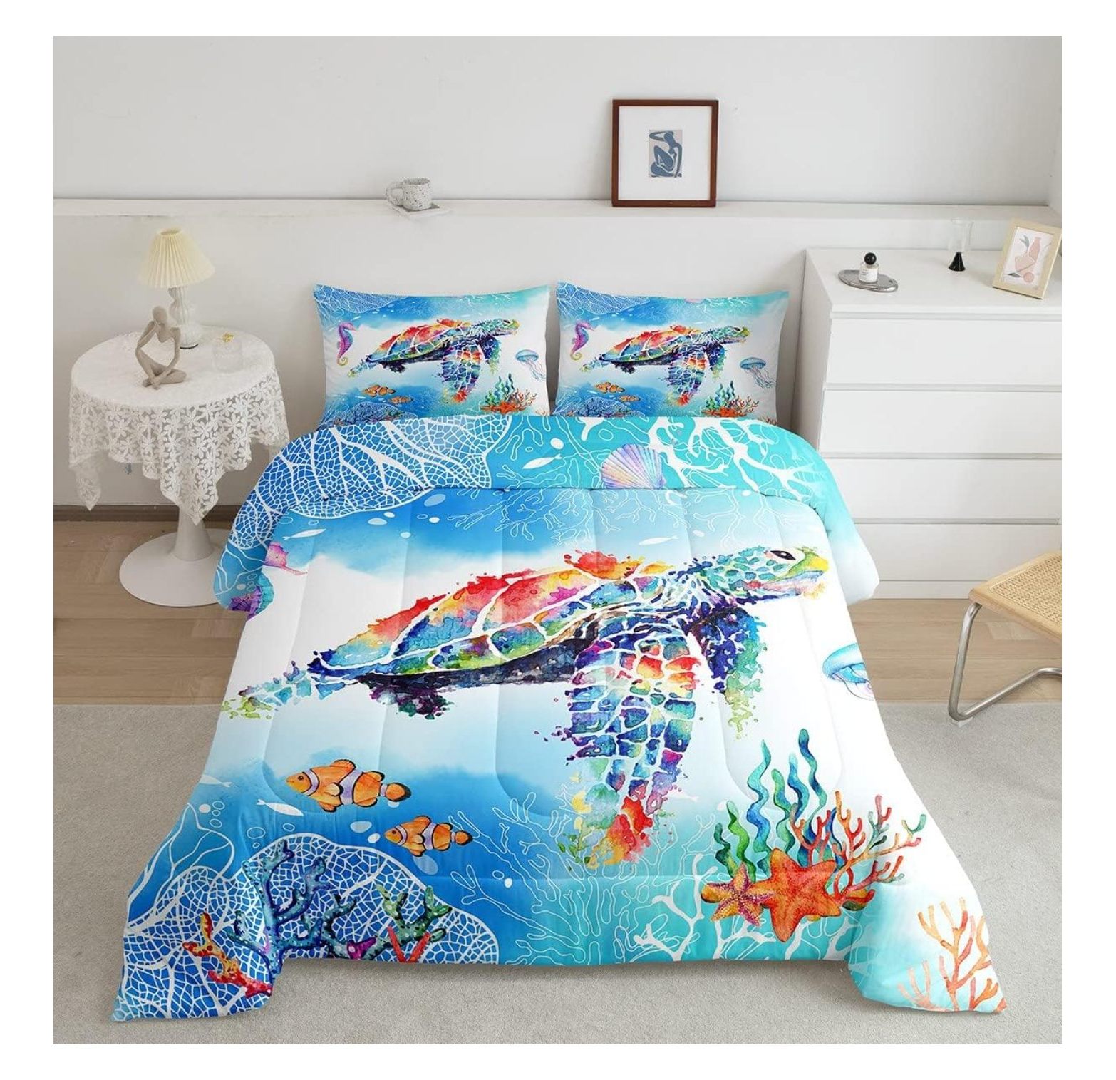 Kids Watercolor Turtle Comforter Set Full Size,Coral Shell Goldfish ...