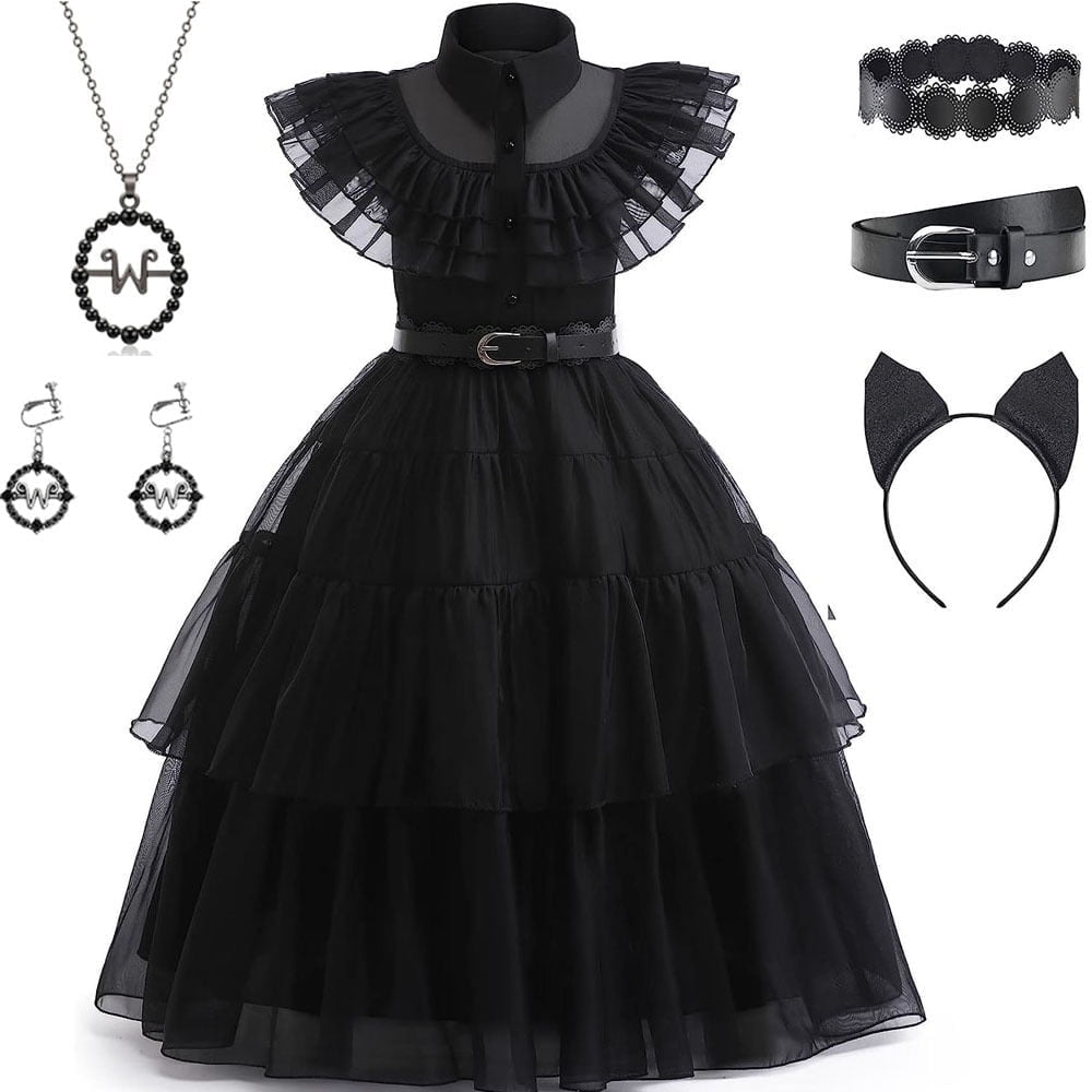 EKEZ Wednesday Addams Fancy Dress for Girls with Layered Tulle and Belt ...