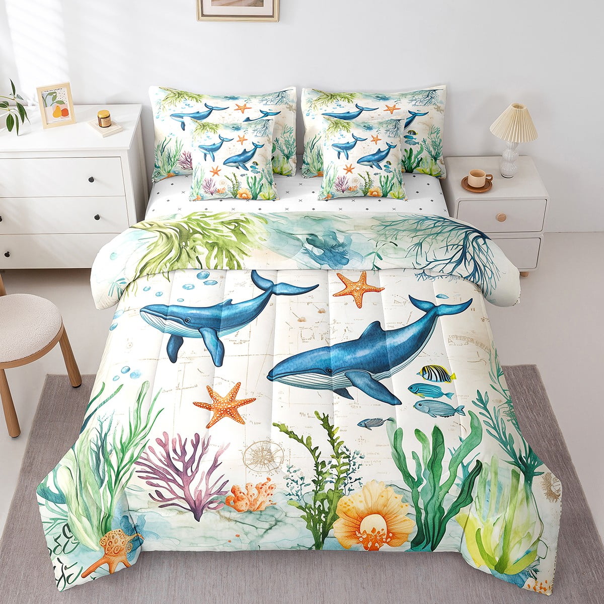 Whale Bedding Set Cute Ocean Animal Bed In A Bag With Sheets Sea Life ...