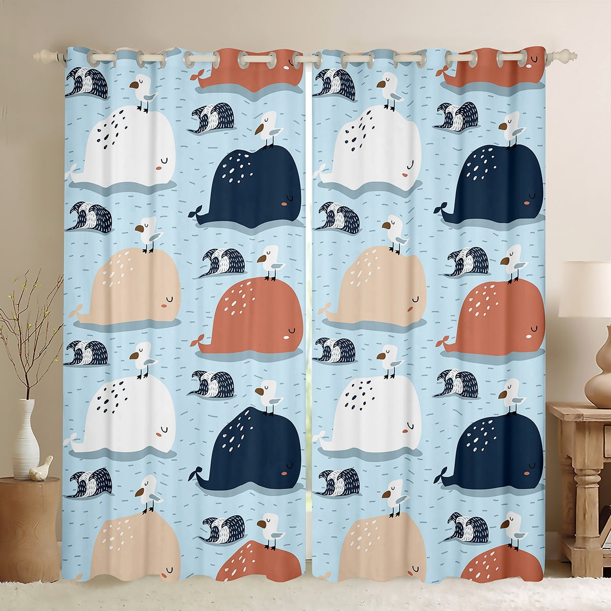 Whale Curtains, Kawaii Whale Seagull Blackout Curtains, Cartoon Marine ...