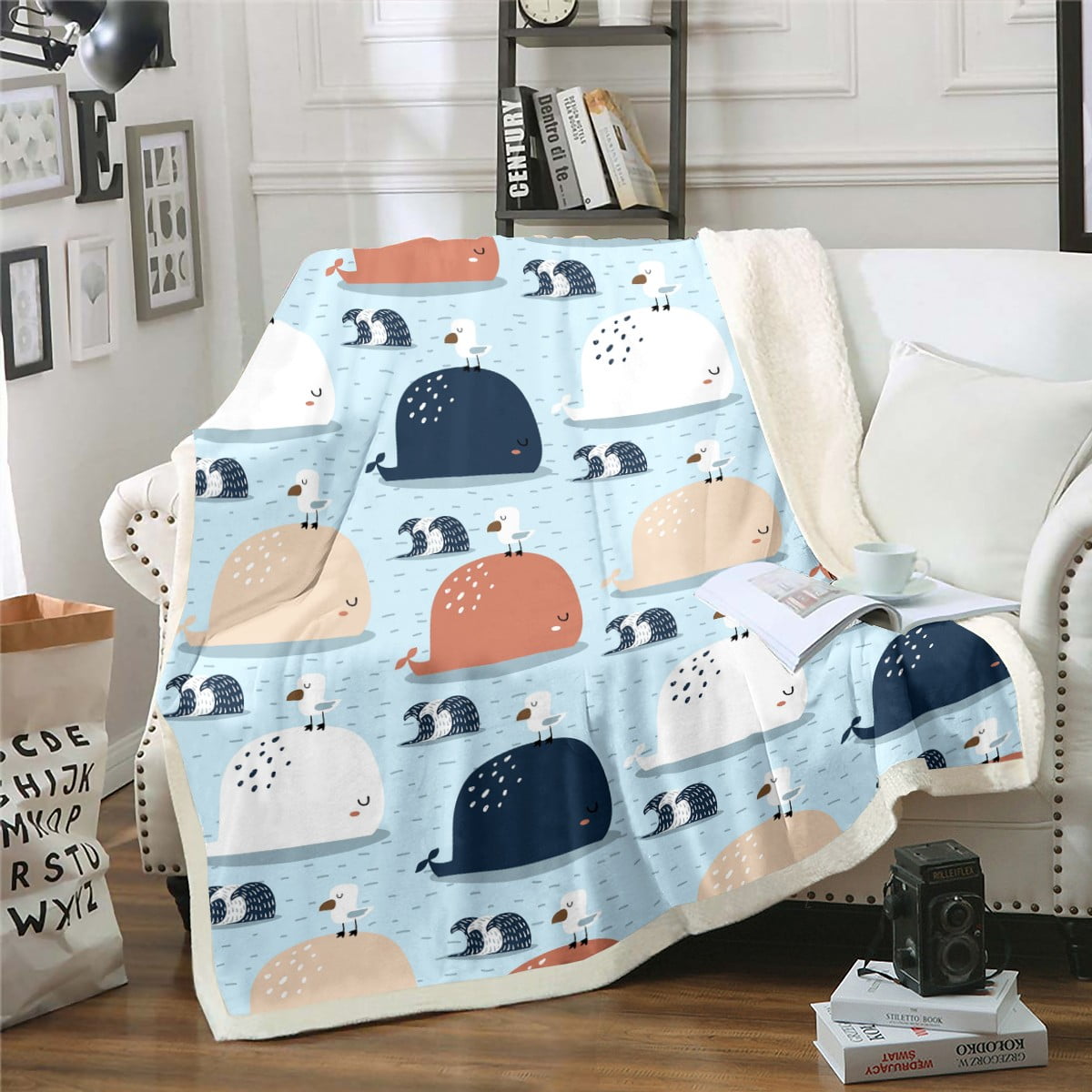 Whale Fleece Blanket Throw Size, Kawaii Whale Seagull Throw Blanket for ...