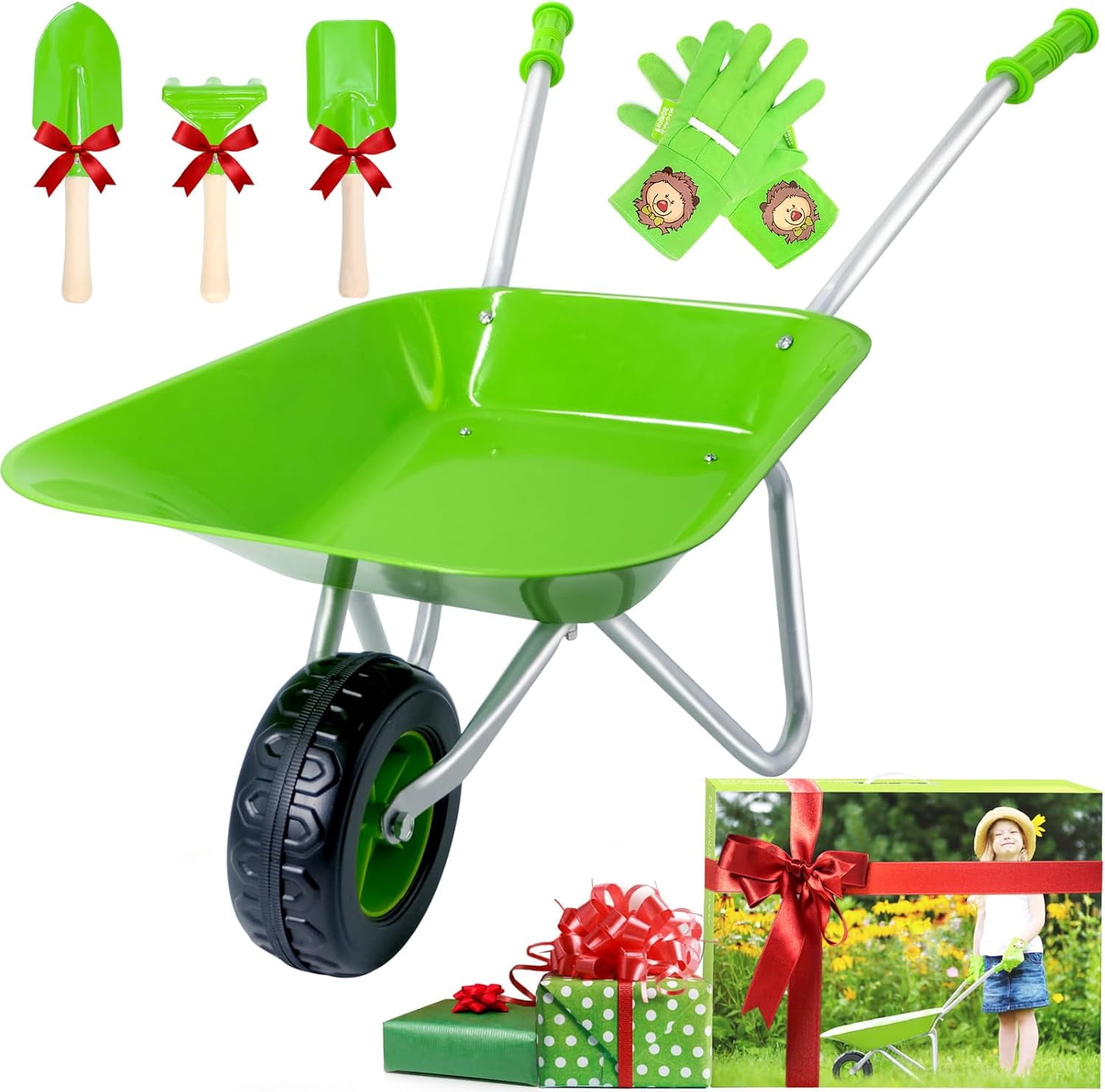 Kids Wheelbarrow Set Metal, Child Wheel Barrel Green Easy to Assemble ...