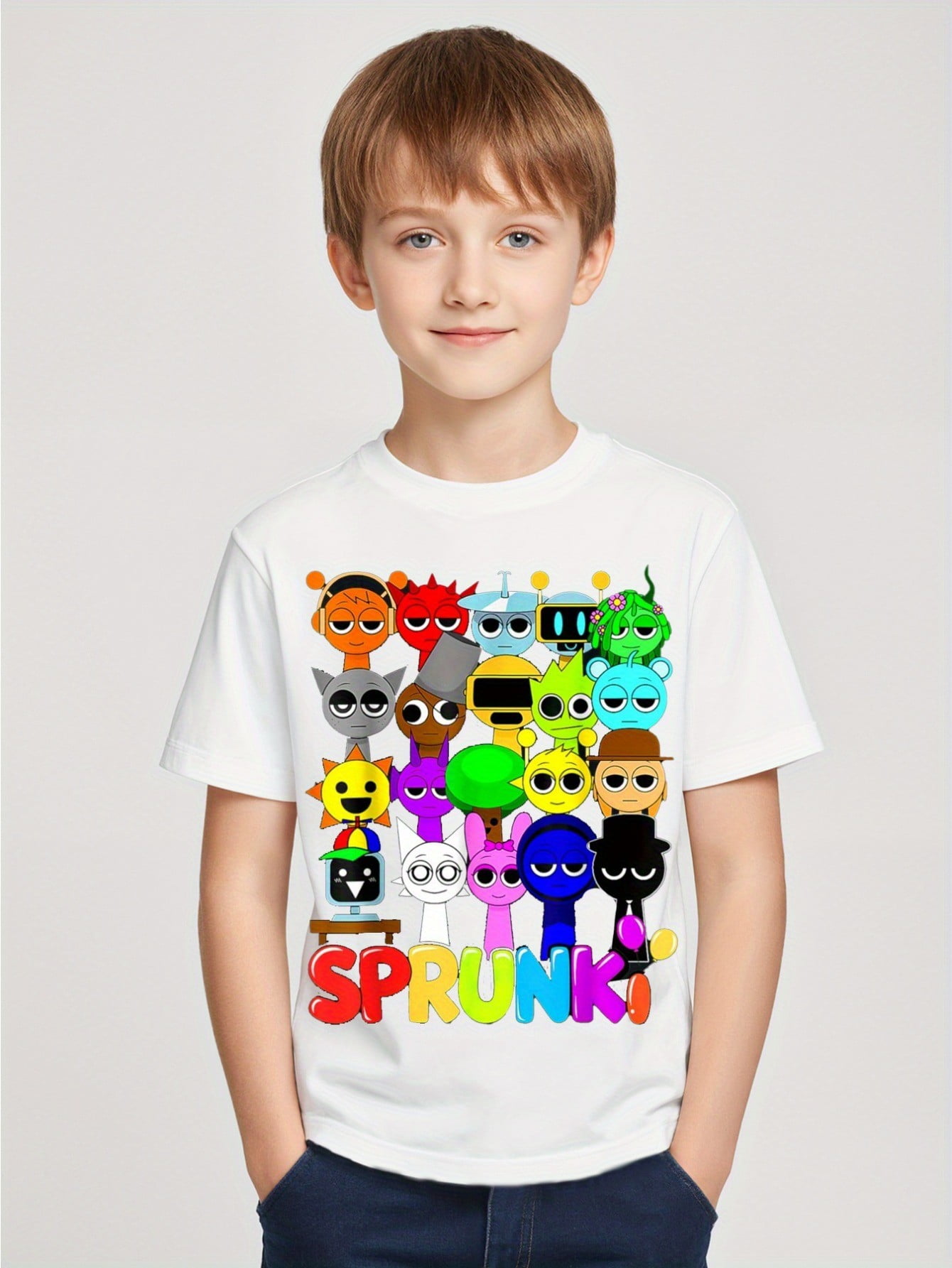 Kids' White T-Shirt with Colorful Anime Character Print - "SPRUNK ...