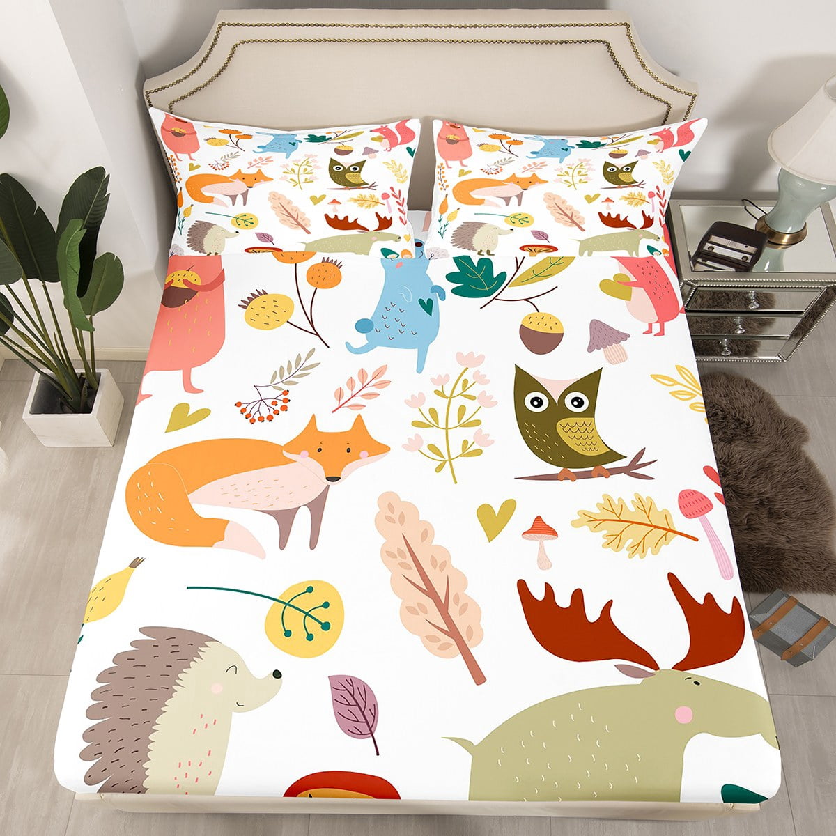 Kids Wild Animal Bed Sheets Cute Fox Bear Owl forest Animal Theme ...